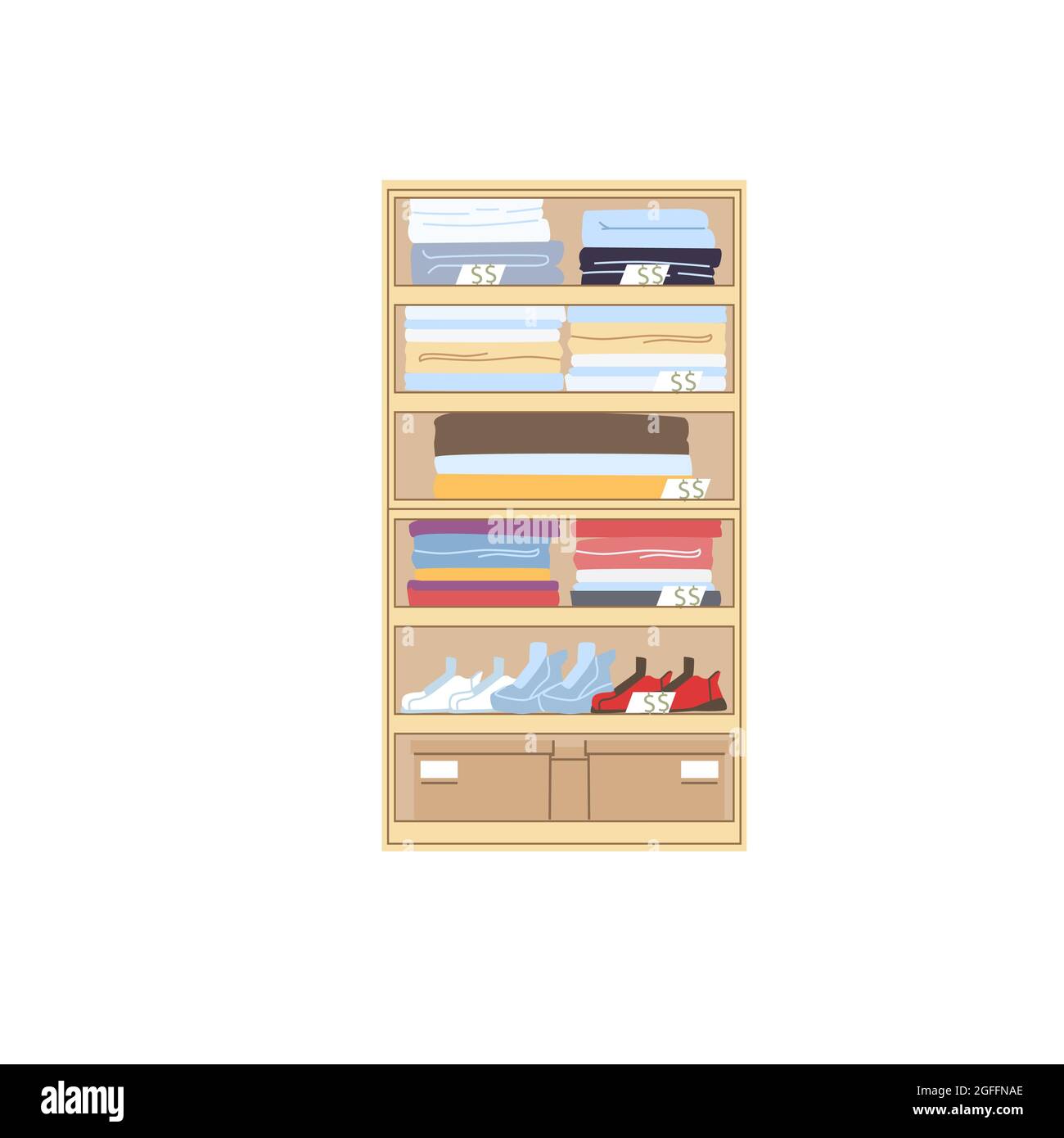 Flat cartoon wardrobe shelves,different clothes and shoes with price ...