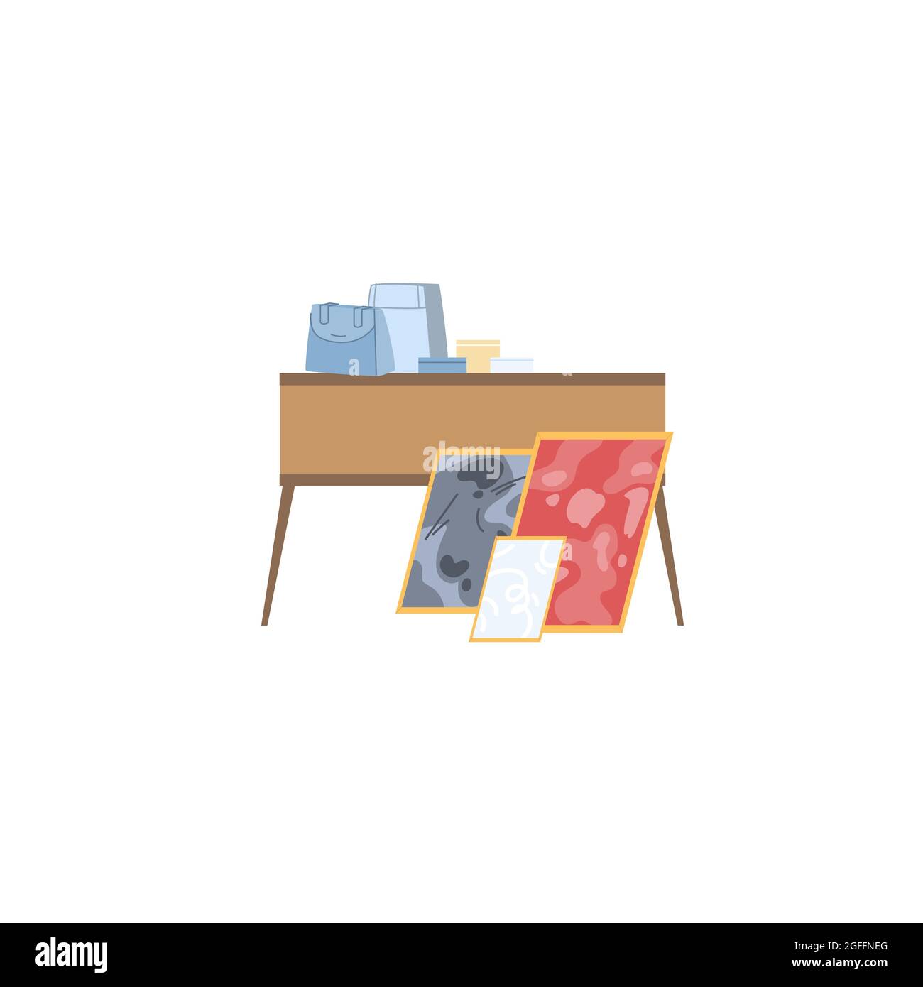 Flat cartoon table with school bags and paintings,home furniture,room ...