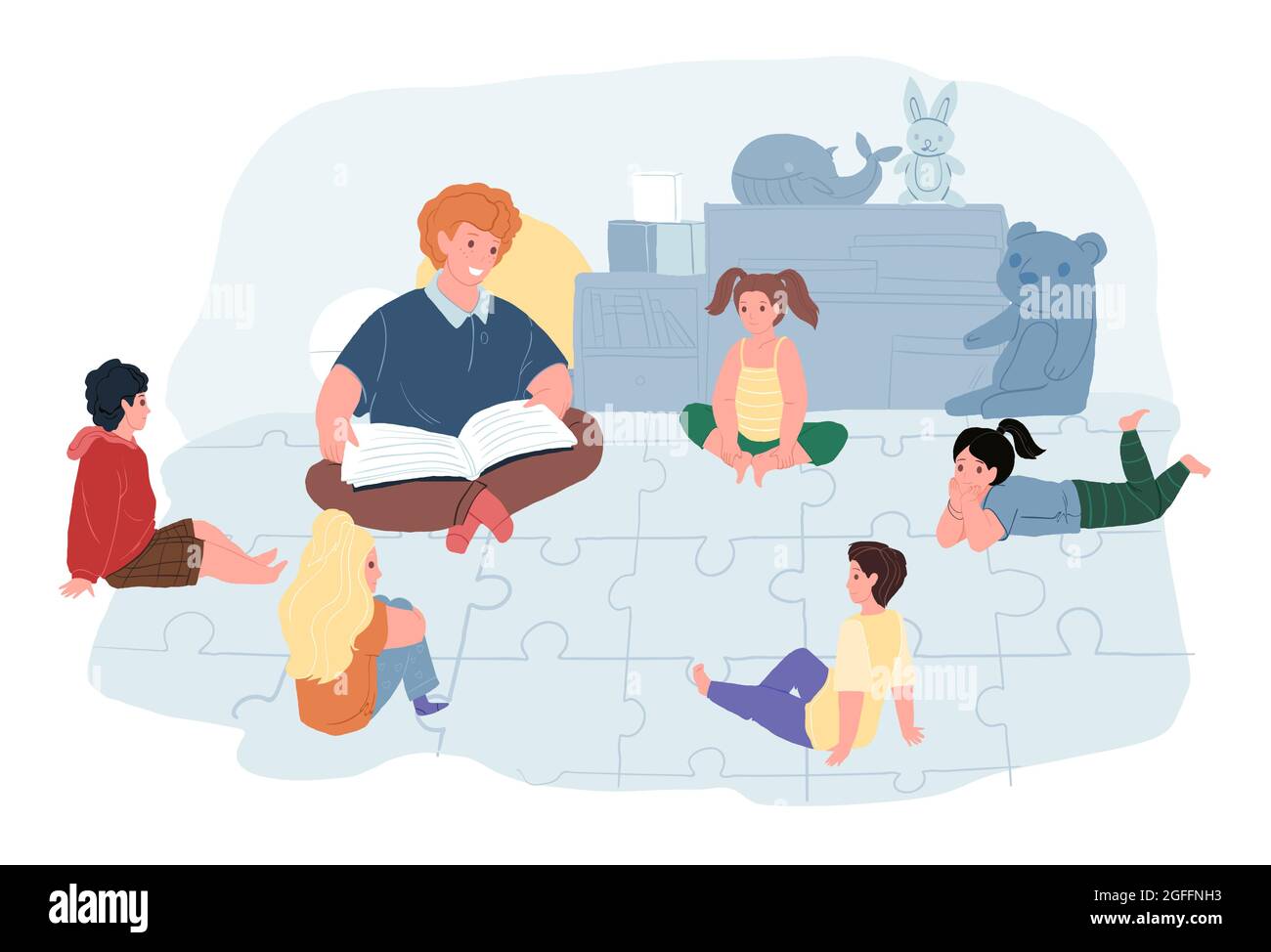 Flat cartoon teacher and kids characters in kindergarten,vector ...