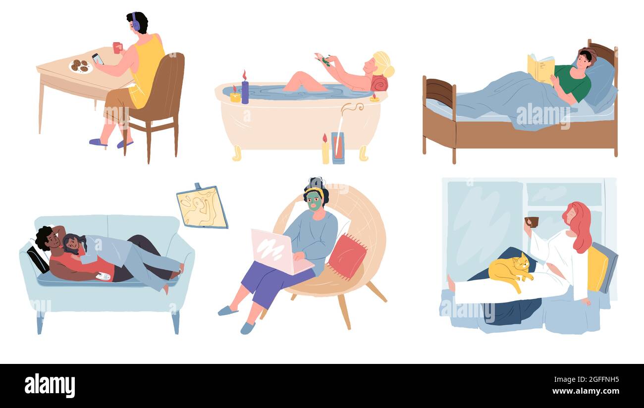 Flat cartoon characters resting and relaxing in various ways,vector ...