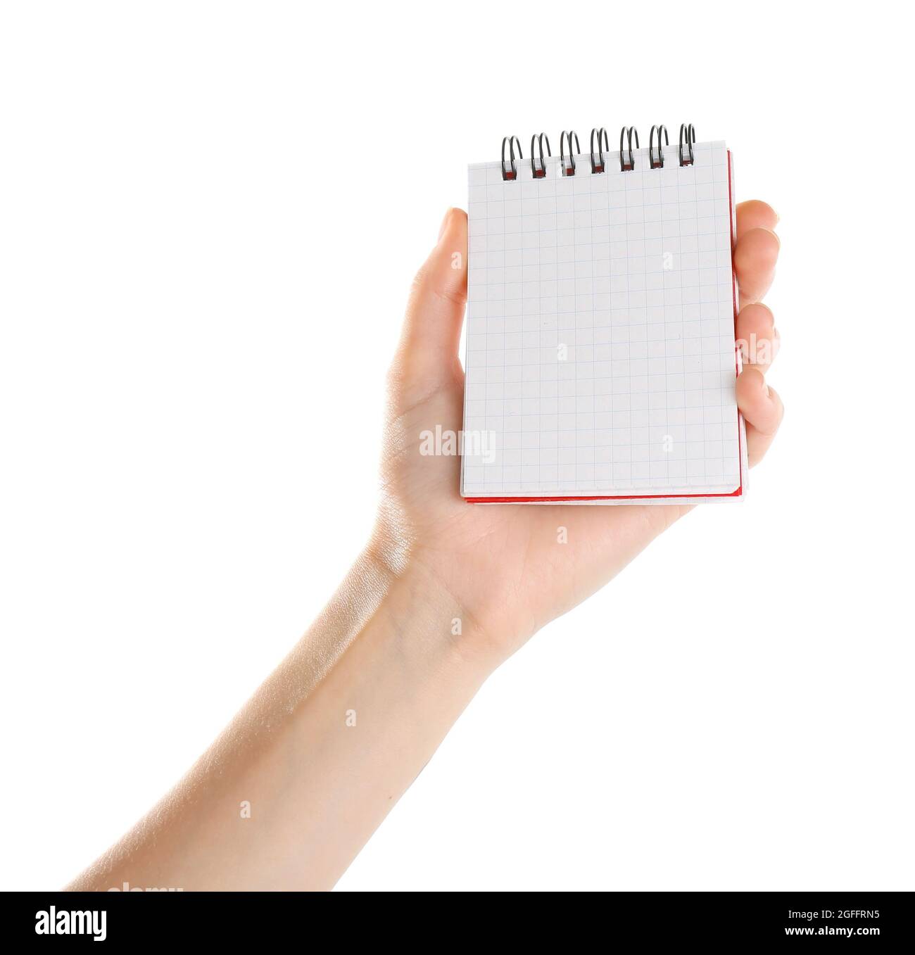 Hand holding notepad on white background Stock Photo - Alamy