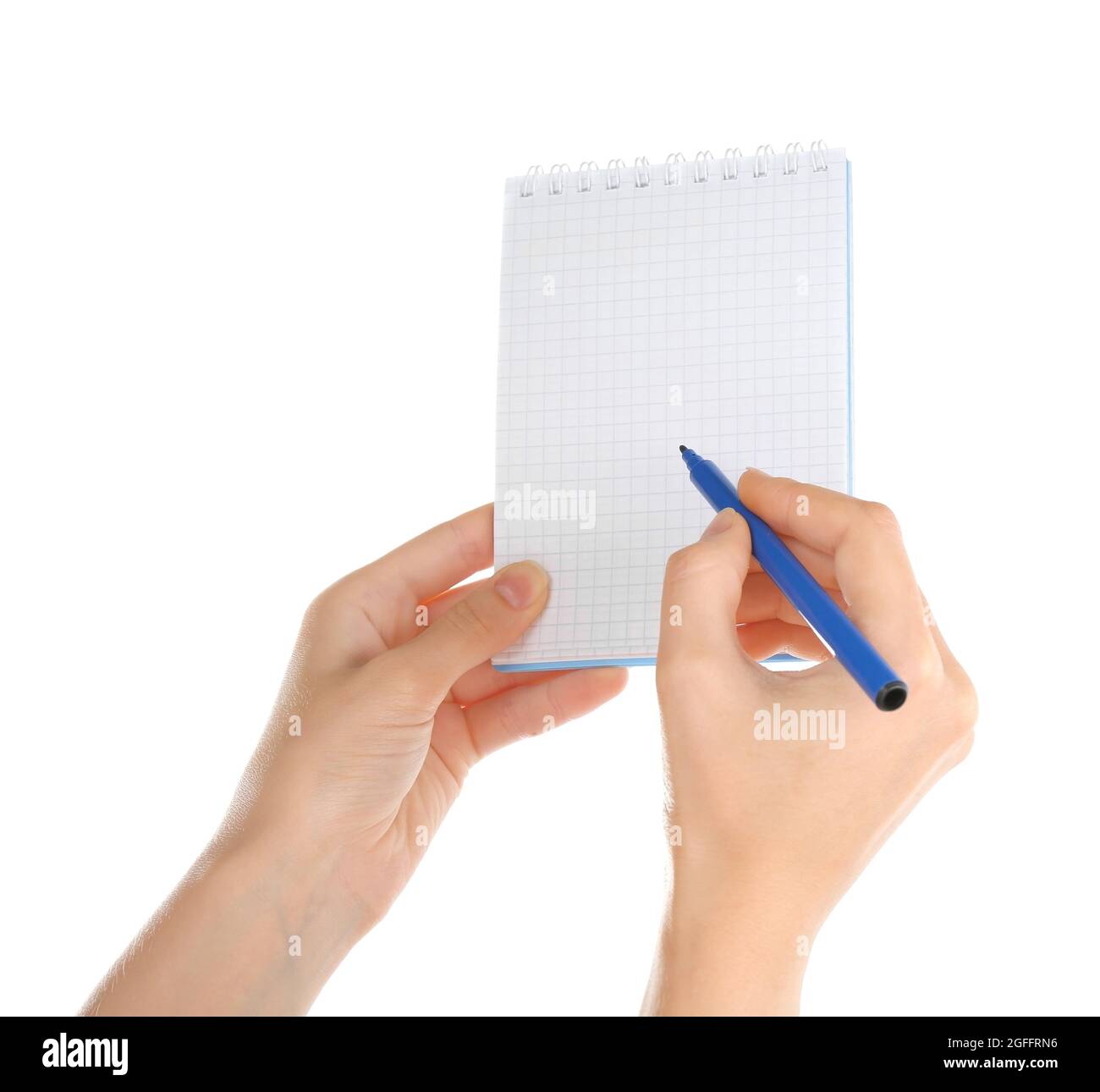 Hand holding notepad and pen on white background Stock Photo - Alamy