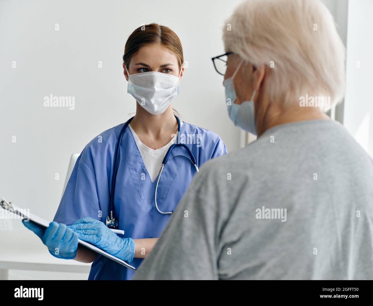 woman doctor with scraping and medical mask covid-19 patient passport ...