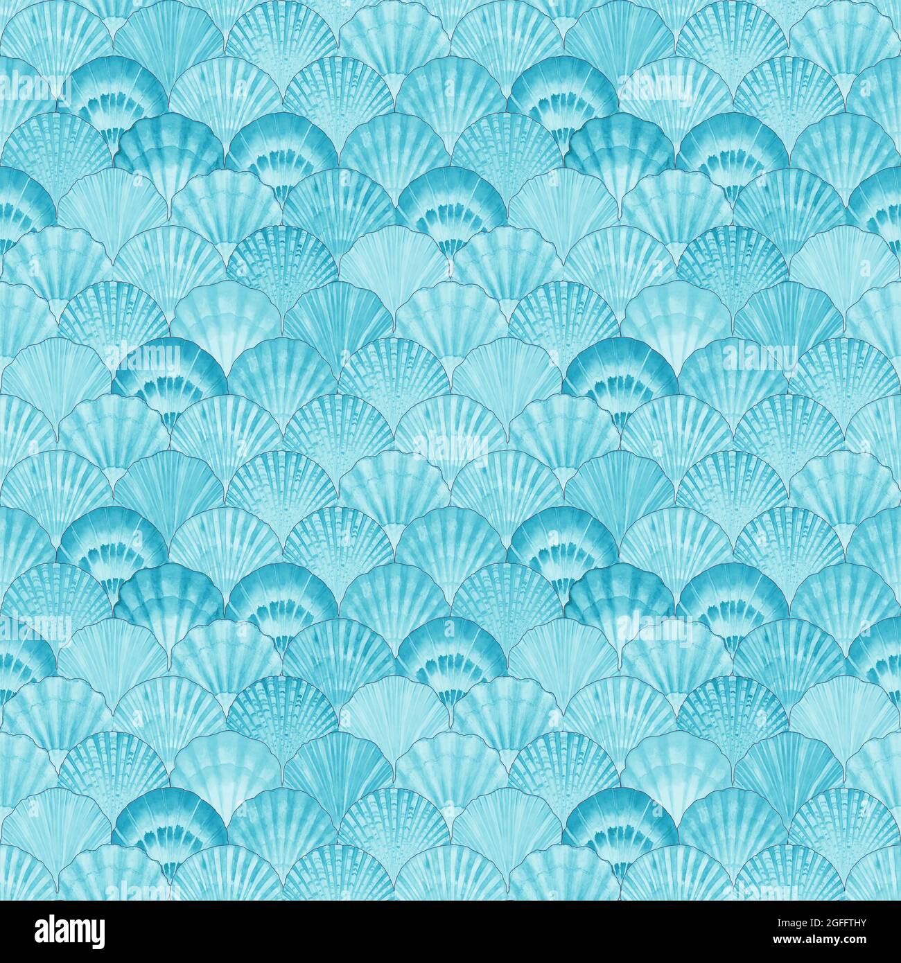 Watercolor teal sea shell japanese waves seamless pattern. Hand drawn ...