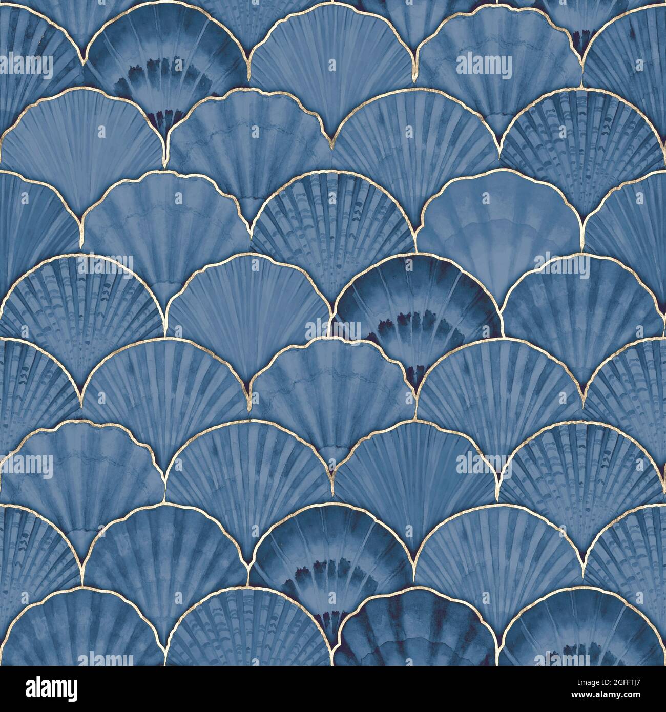 Watercolor blue sea shell japanese waves seamless pattern. Hand drawn ...