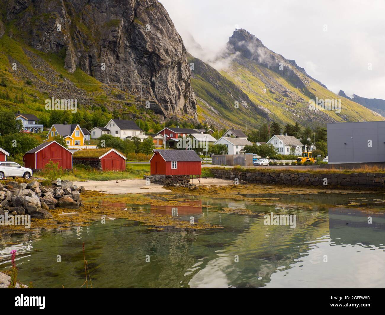 Flakstad, Lofoten, Northern Norway - August 2019. The typical Norwegian ...