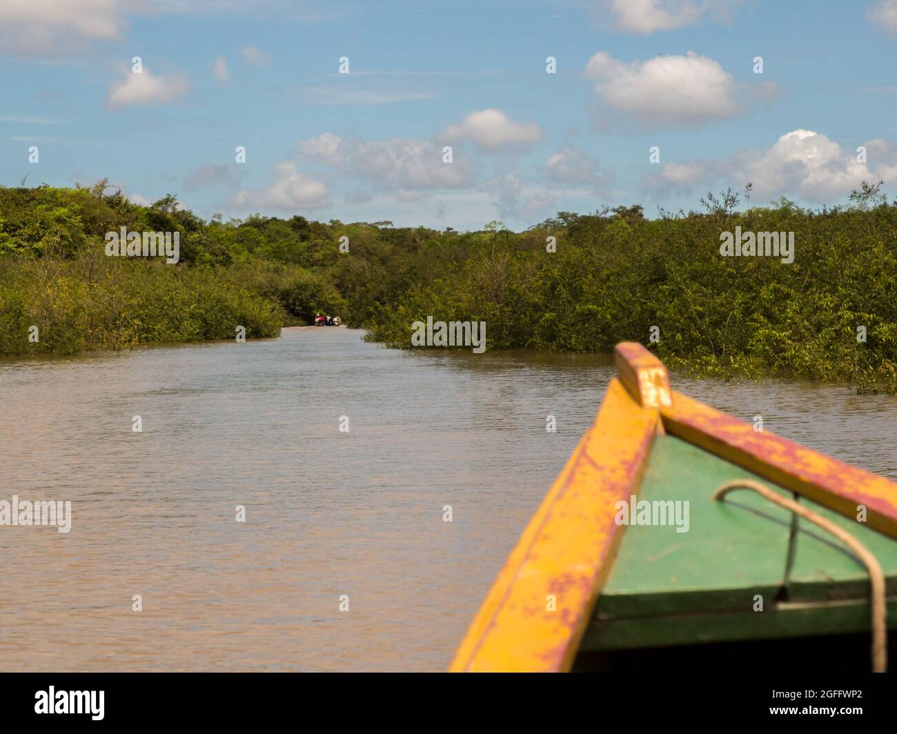 View from the wooden boat on the wall of green tropical forest in the ...