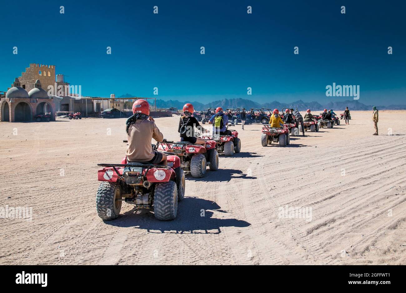 Hurghada, Egypt- Feb 4 , 2020: Tourists in safari trip through egyptian ...