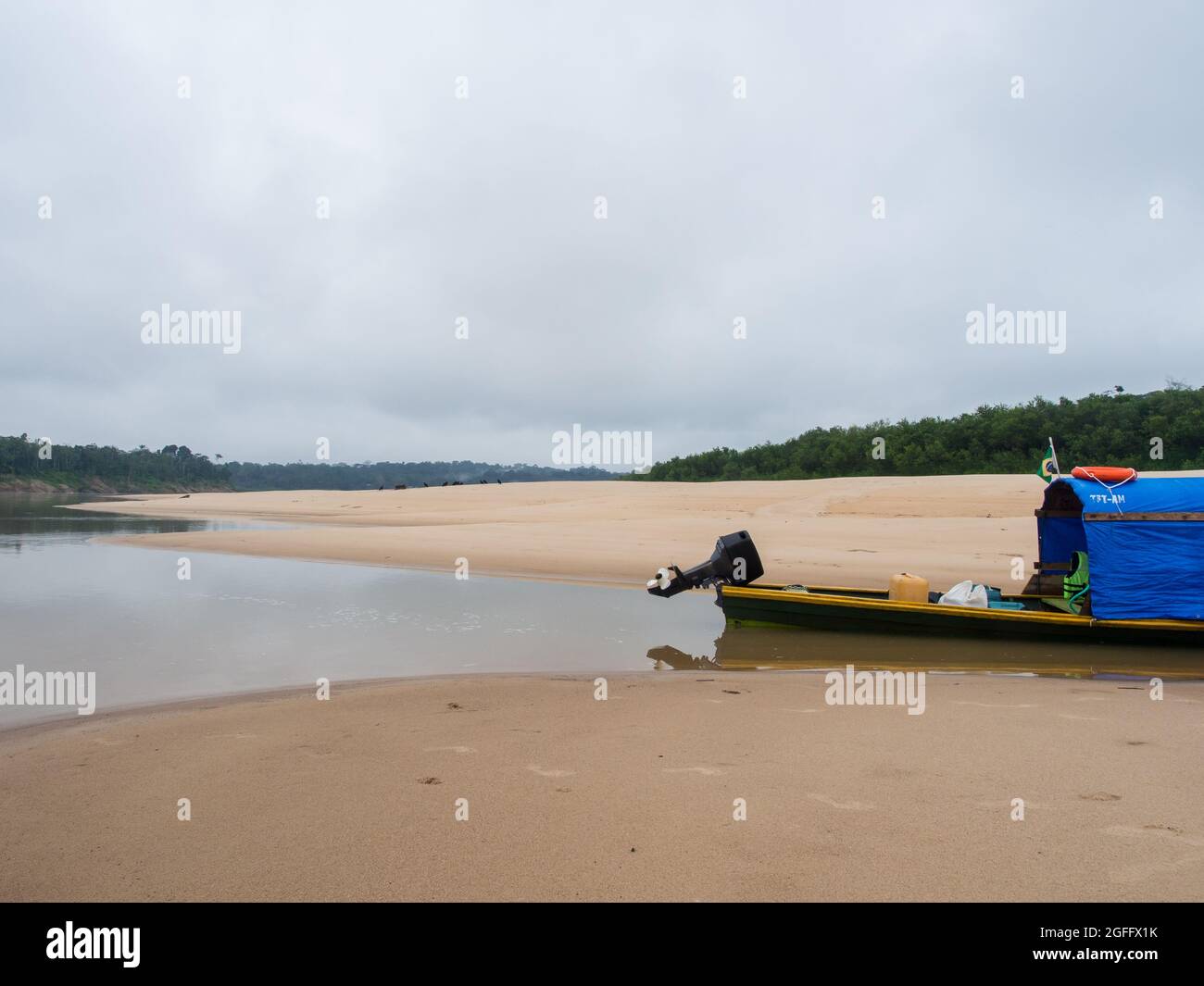 Amazonia. Latin America. Sep, 2017: Boat on the sandy Amazon beach ...