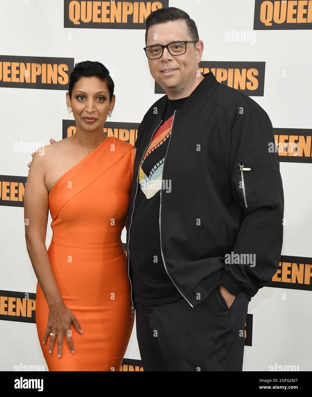 (L-R) Gita Pullapilly and Aron Gaudet at STX's QUEENPINS Photocall held ...