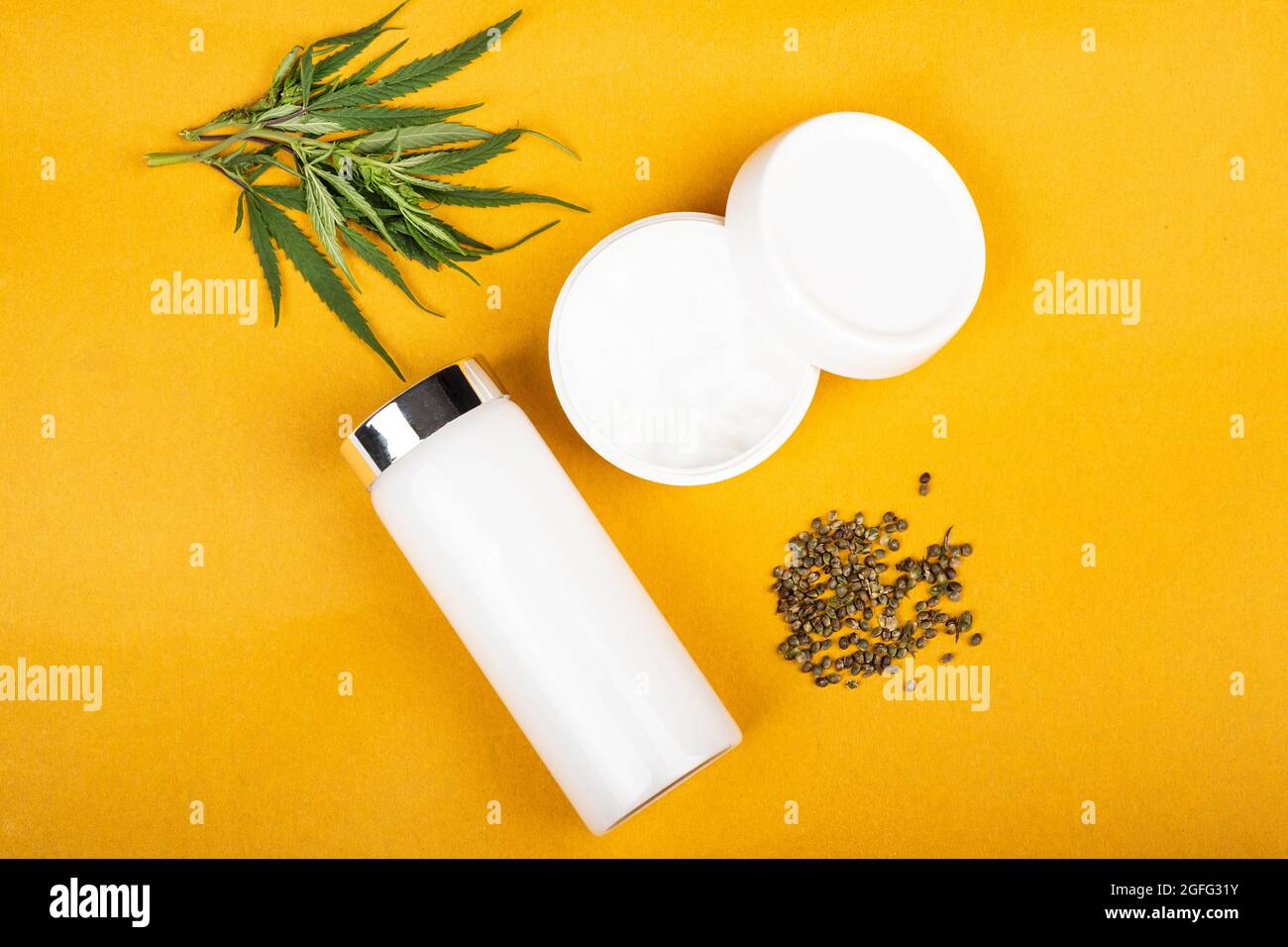 marijuana cosmetic cream on yellow background, beauty skin care Stock ...