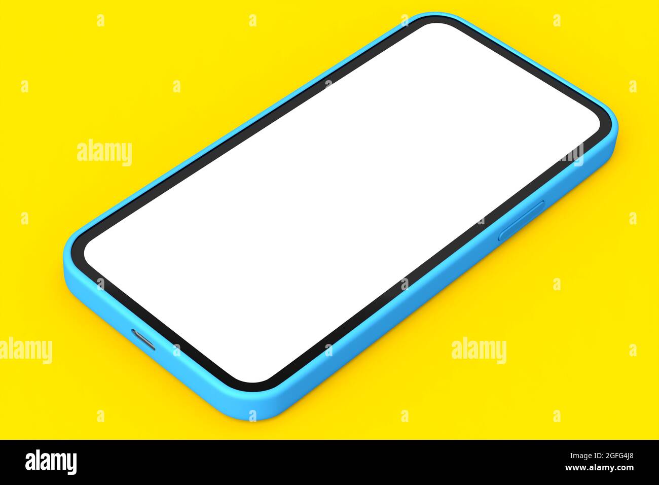 Realistic blue smartphone with blank white screen isolated on yellow ...