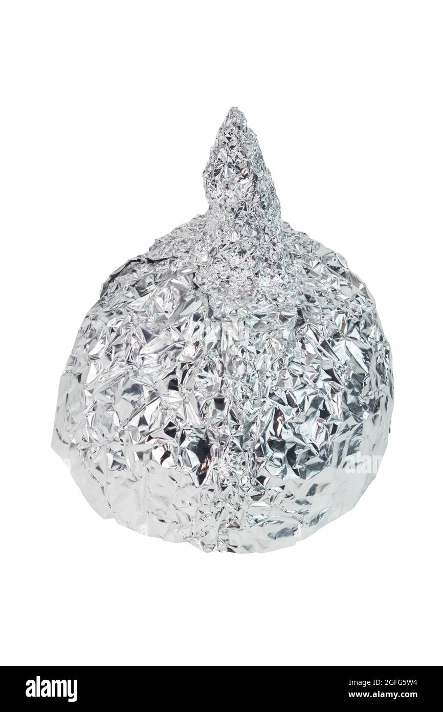 Aluminium foil hat isolated on white background, symbol for conspiracy ...