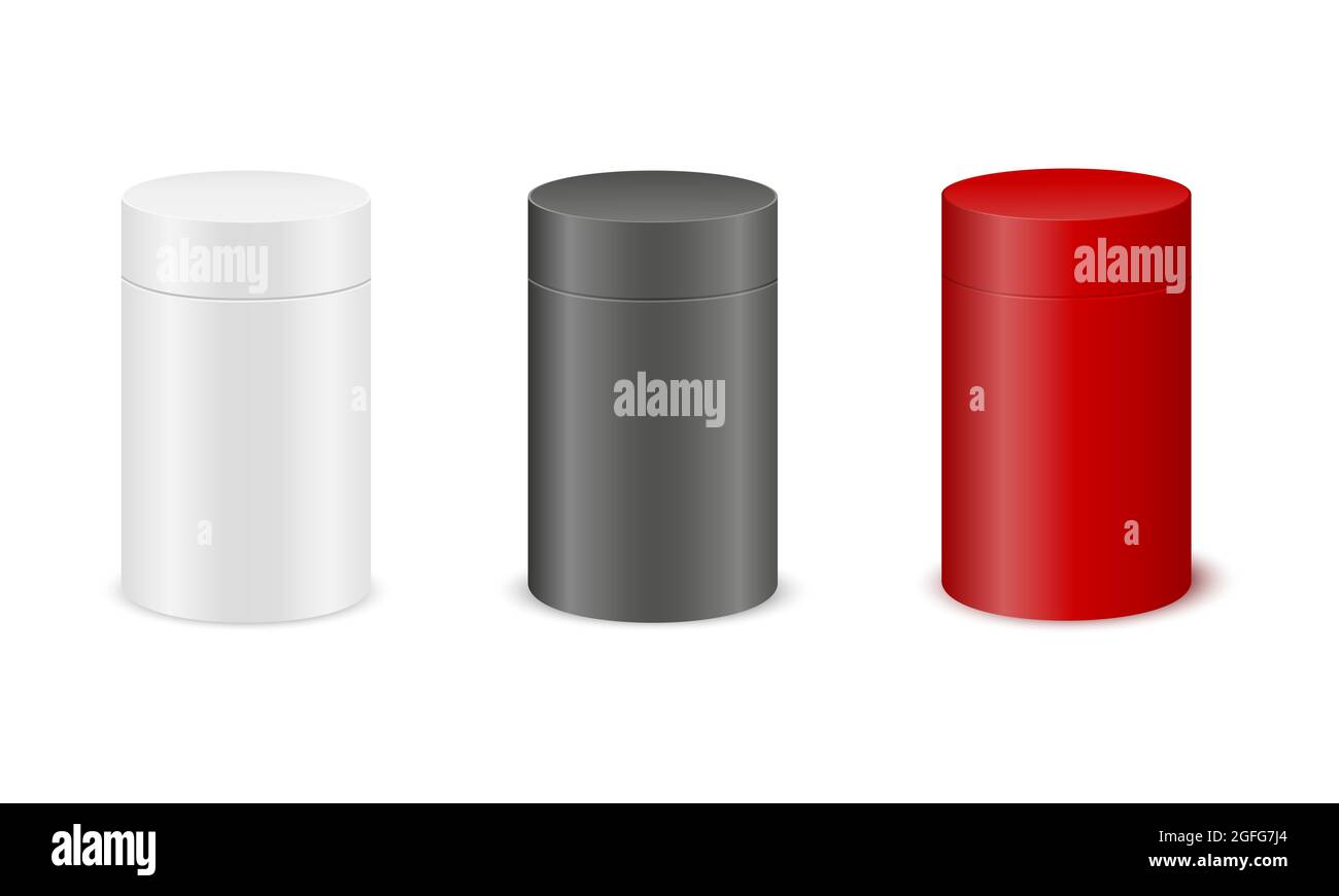 Cylinder boxes mockups isolated on white background. White, black, red ...