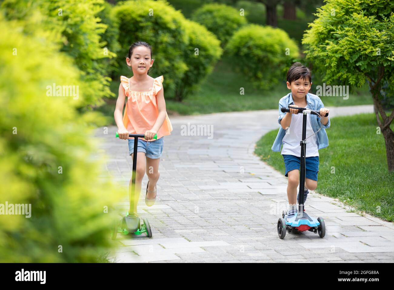 Happy children riding scooter in park Stock Photo - Alamy