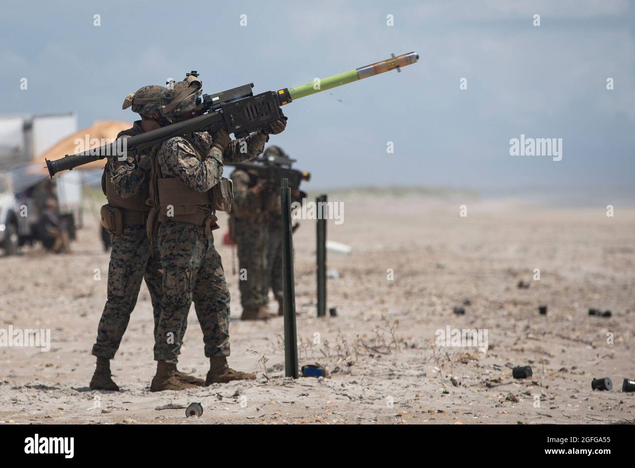 U.S. Marines with 2nd Low Altitude Air Defense (LAAD) Battalion fire a ...