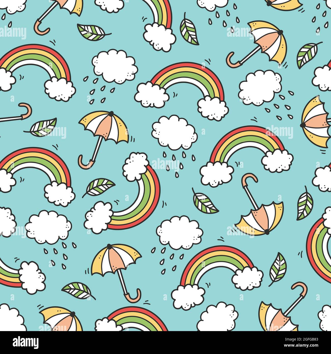 Cute seamless doodle pattern with cloud, rainbow, umbrella, sun, star ...