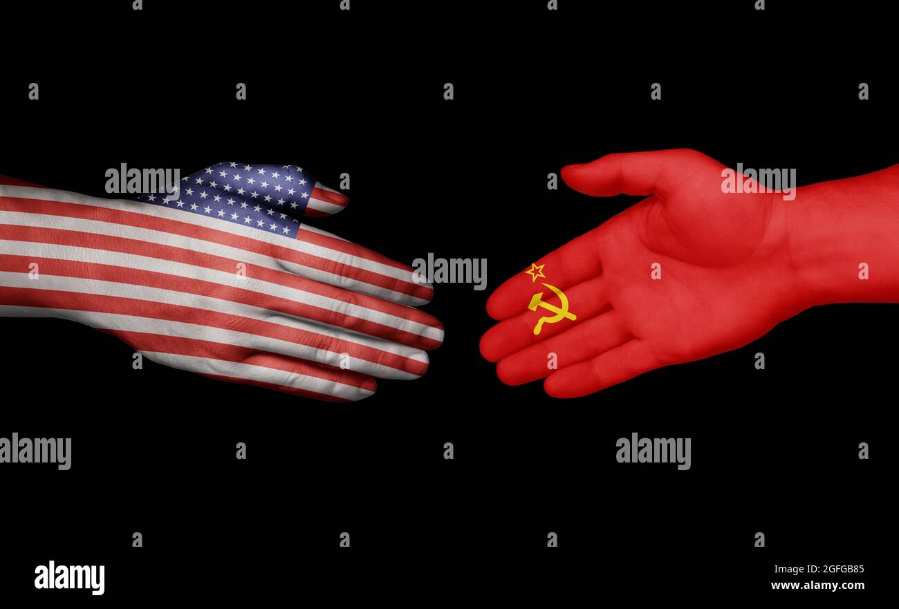 Country handshaking concept, hands with USA and USSR flags ...