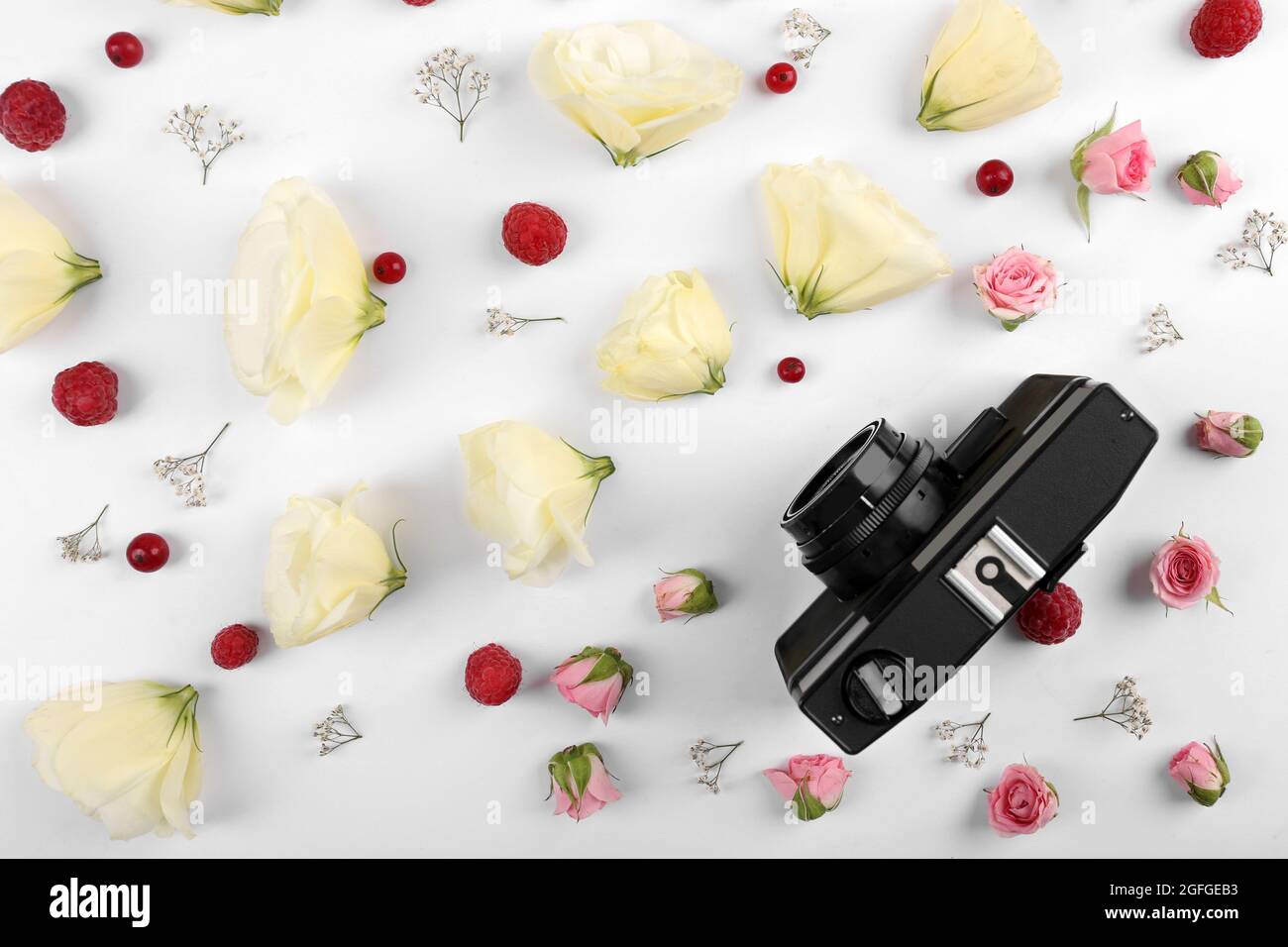 Vintage background with film camera and flowers Stock Photo - Alamy