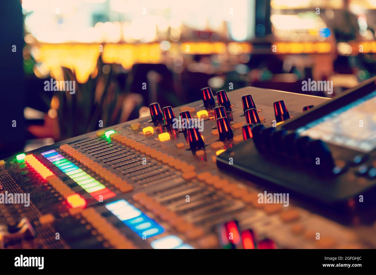 Working sound panel. Sound mixer. Professional audio mixing console ...