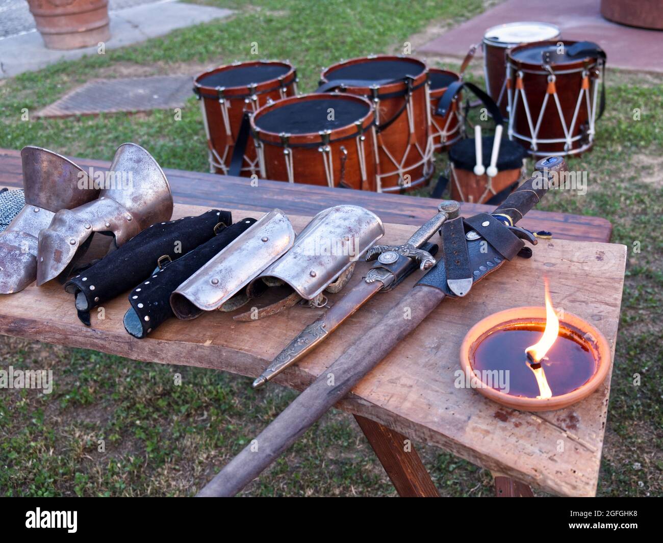 wooden plank with medieval armor ready to wear Stock Photo - Alamy