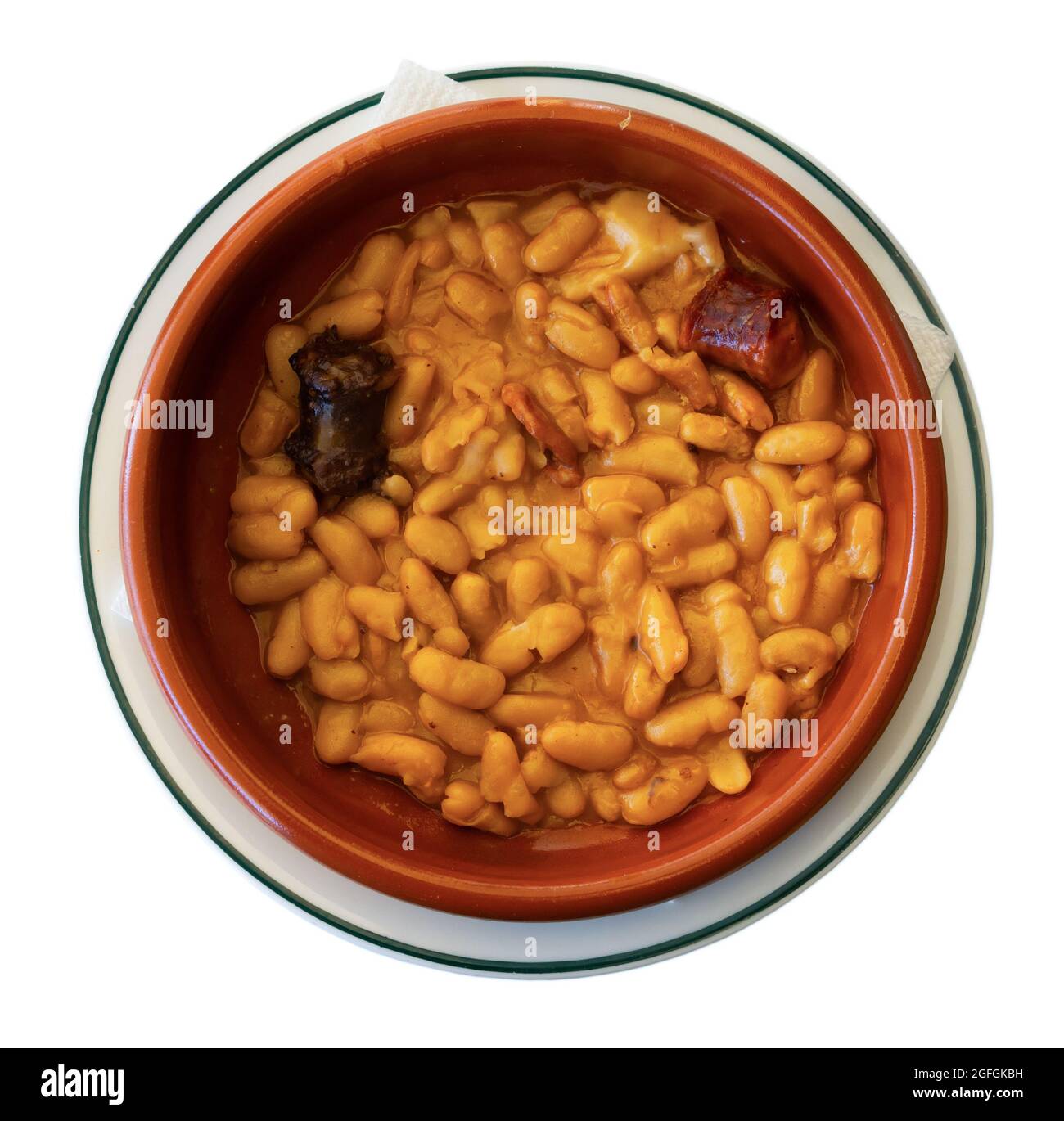Beans stew Fabada with pork, morcilla and chorizo in clay bowl Stock ...
