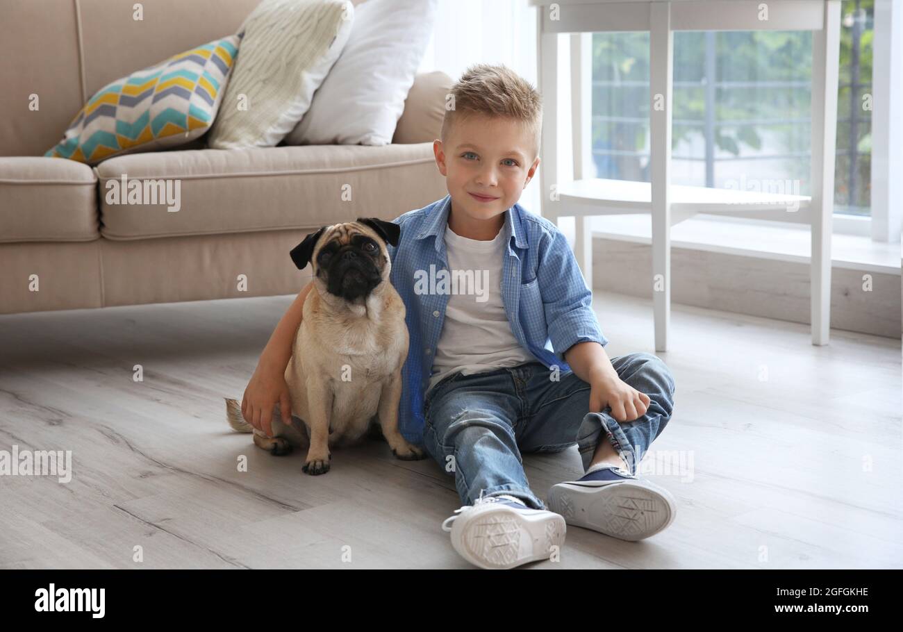 Cute boy with pug dog on floor Stock Photo - Alamy