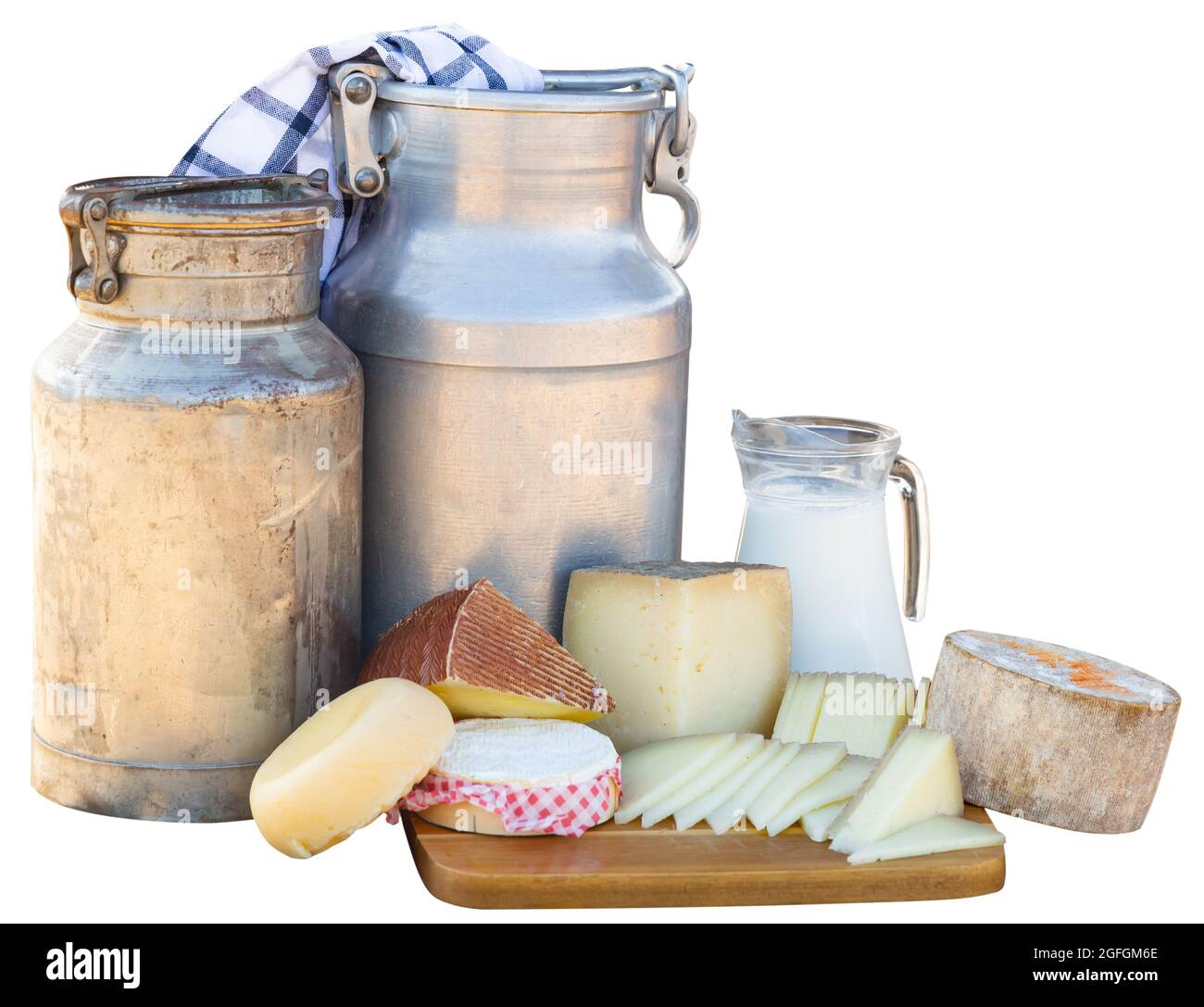 Dairy products on table. Isolated over white Stock Photo - Alamy
