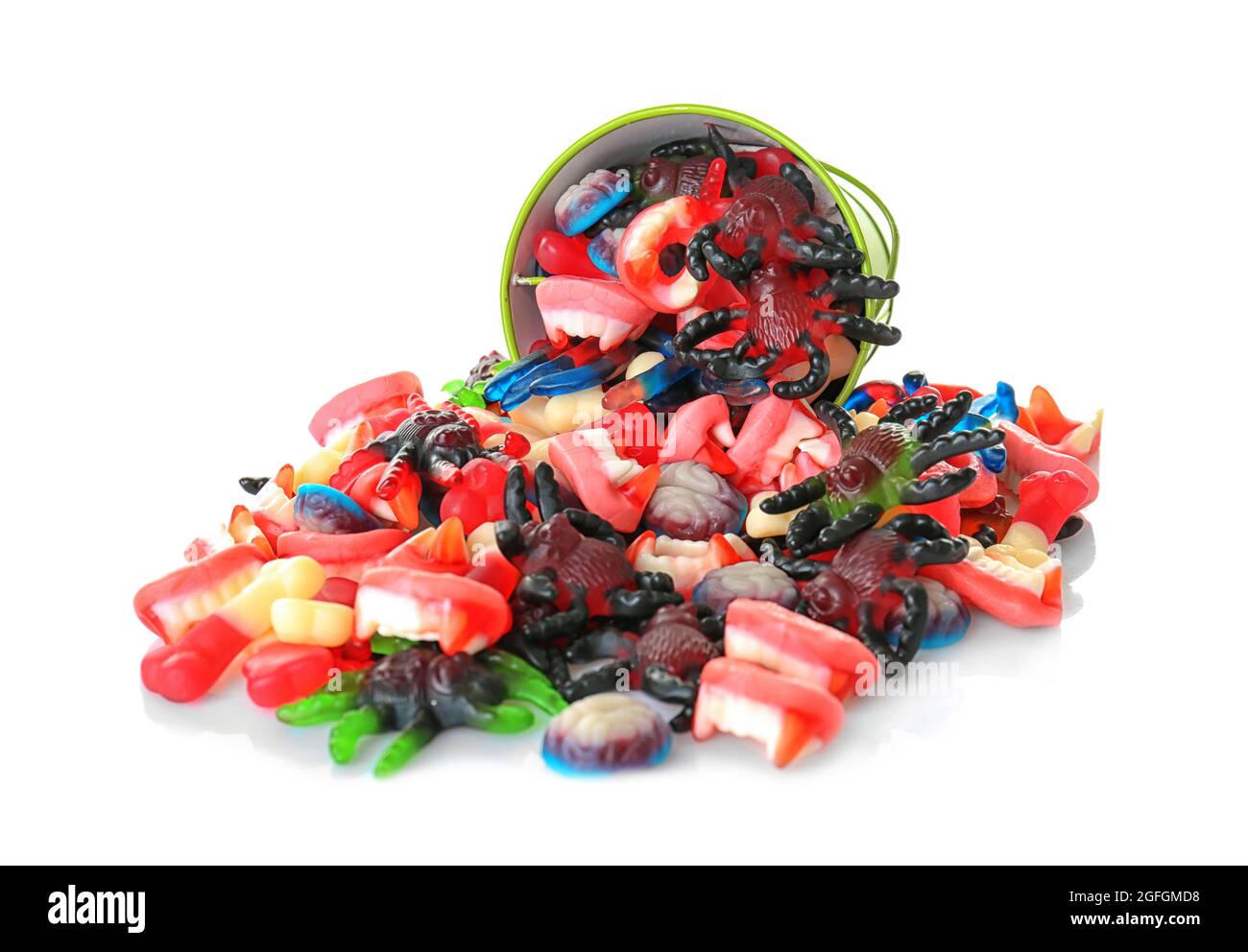 Heap of sweet jelly candies and bucket on white background Stock Photo ...