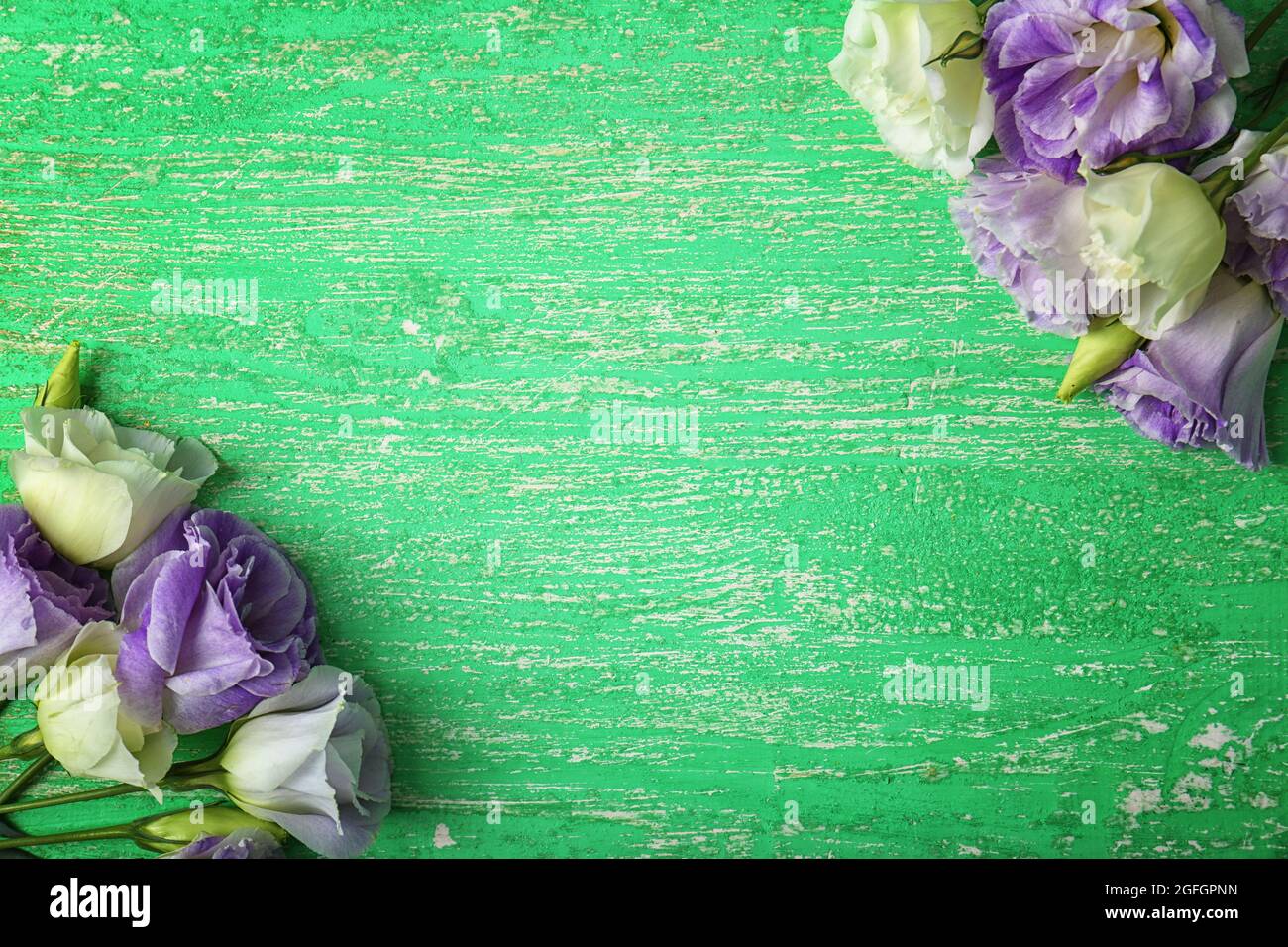 Fresh flowers frame on wooden background Stock Photo - Alamy