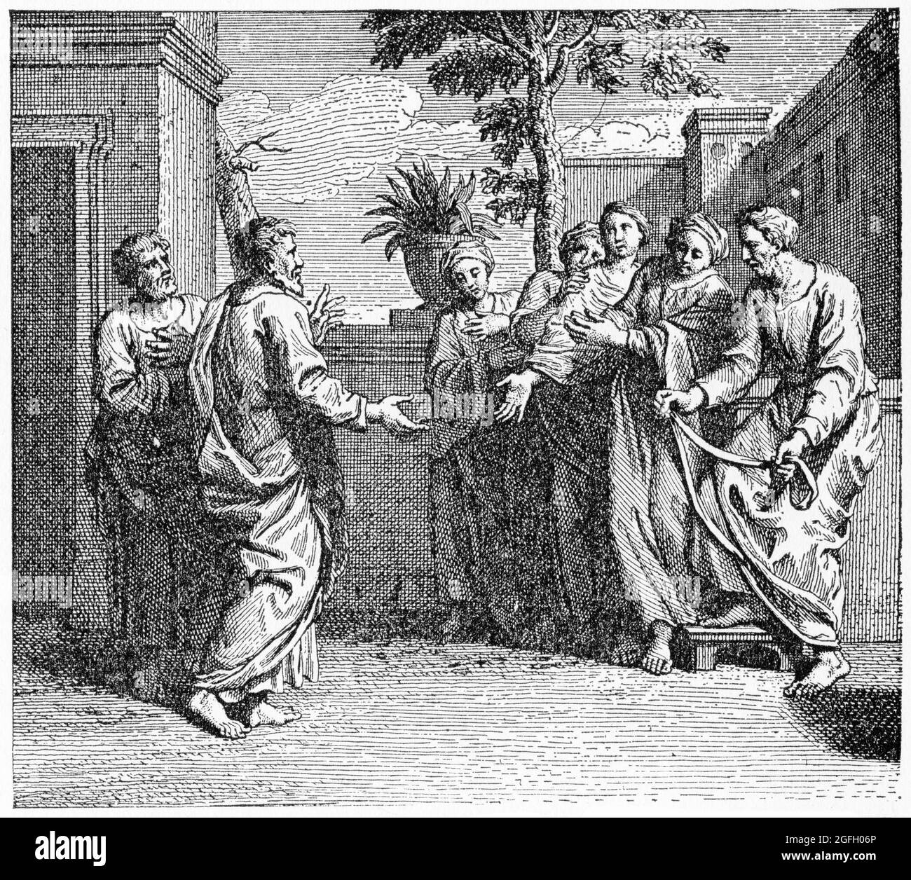 Engraving of Agabus prophesying to the Apostle Peter about being bound ...