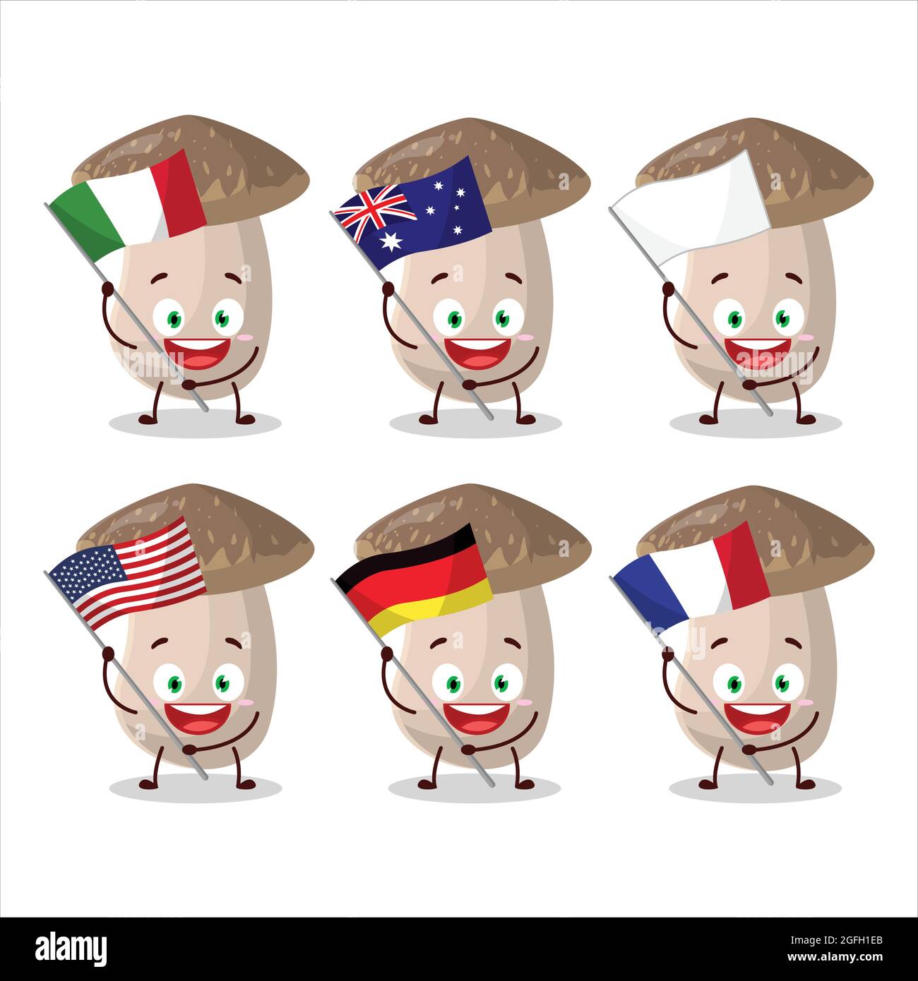 Shiitake Cartoon Character Bring The Flags Of Various Countries Vector