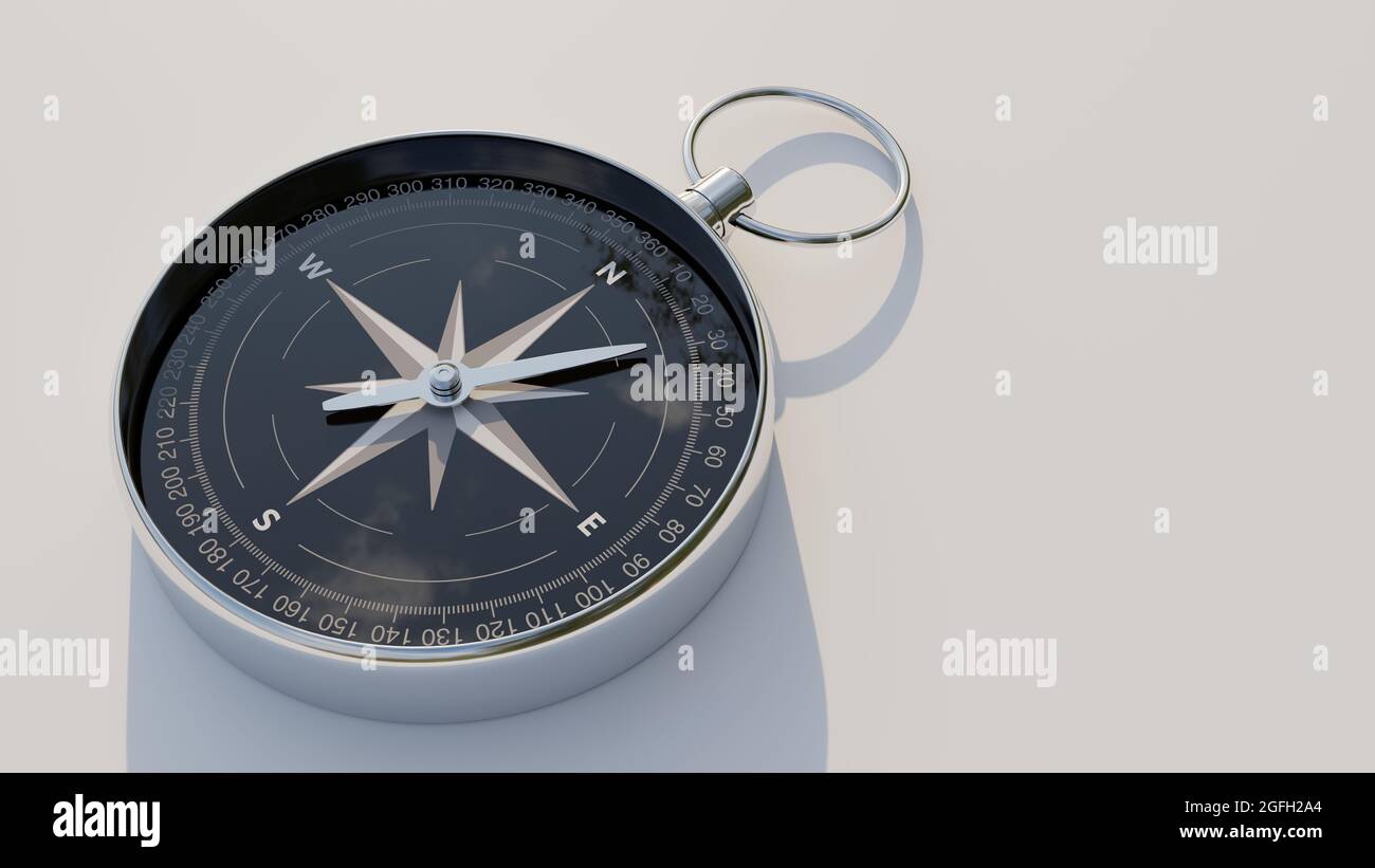 Round magnetic compass on flat surface with copy space. 3D rendering ...