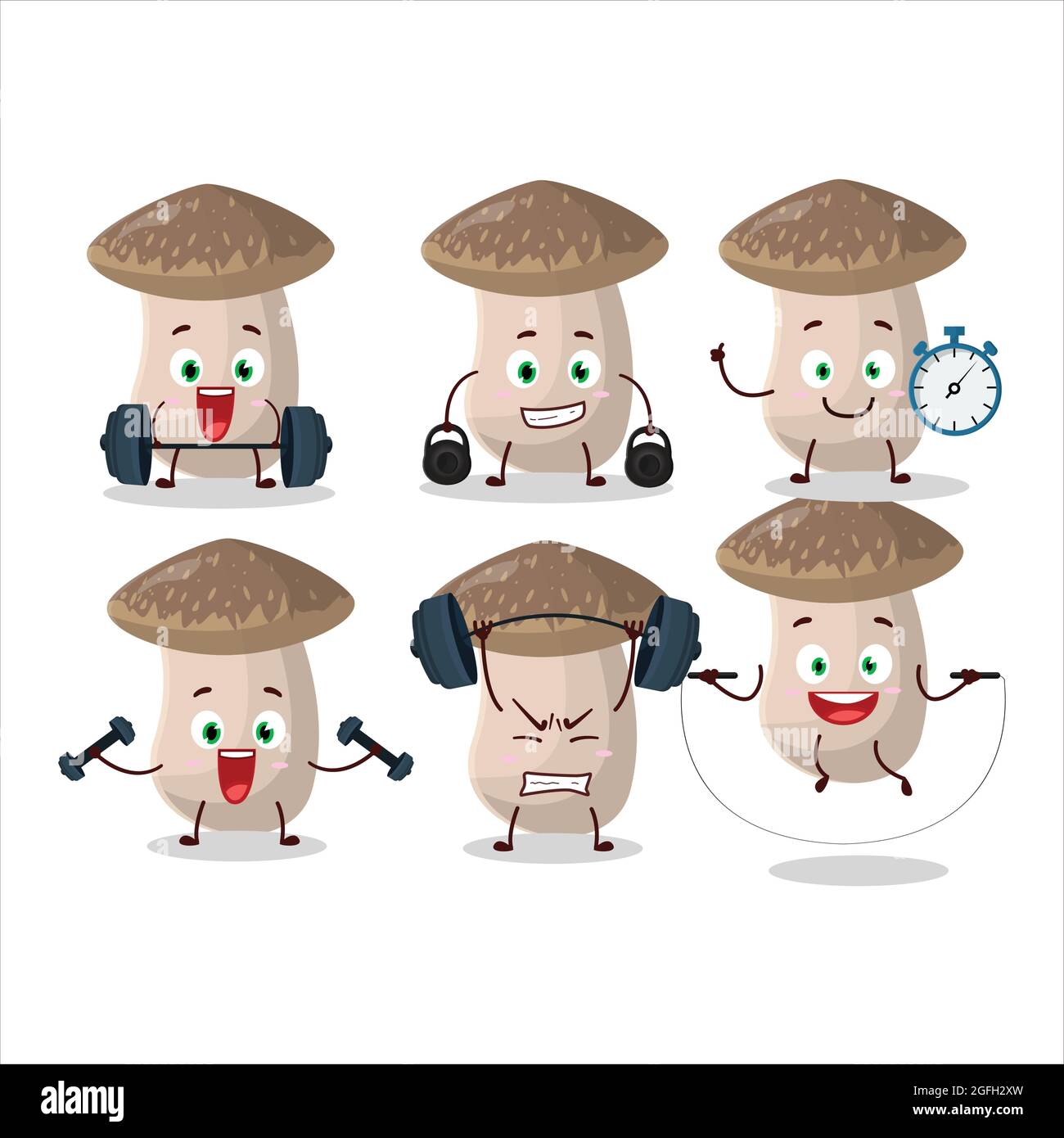 A healthy shiitake cartoon style trying some tools on Fitness center ...