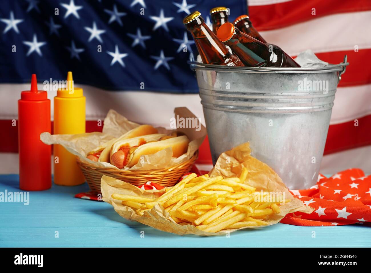American traditional food on national flag background Stock Photo - Alamy