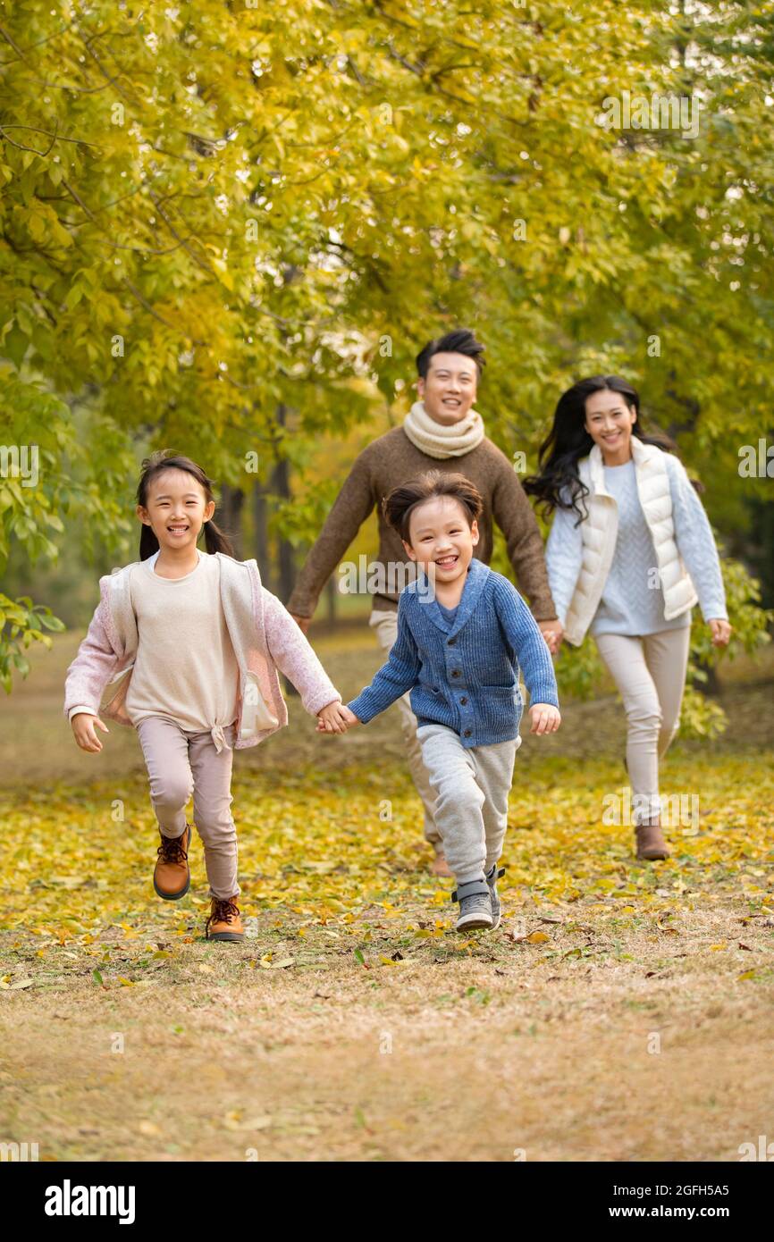 Happy young family running in woods Stock Photo - Alamy