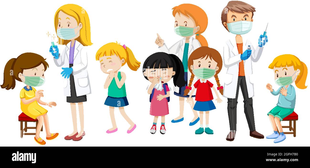 Many patient kids and doctors cartoon character on white background ...