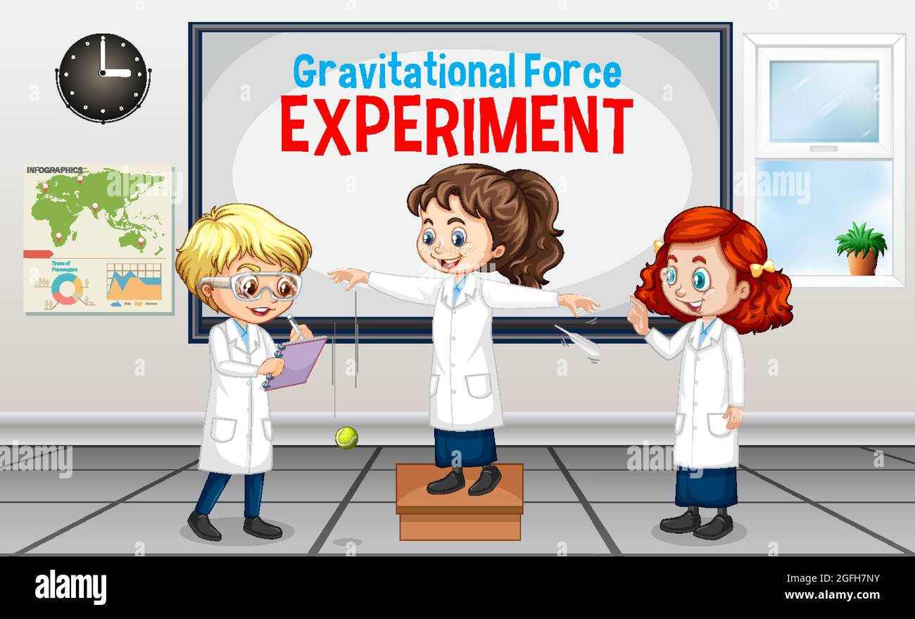 Gravitational force experiment with scientist kids cartoon character ...