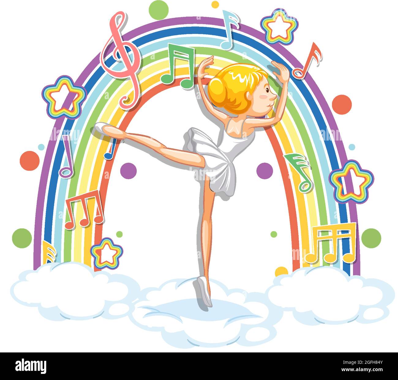 Ballerina dancing on the cloud with melody symbols on rainbow ...