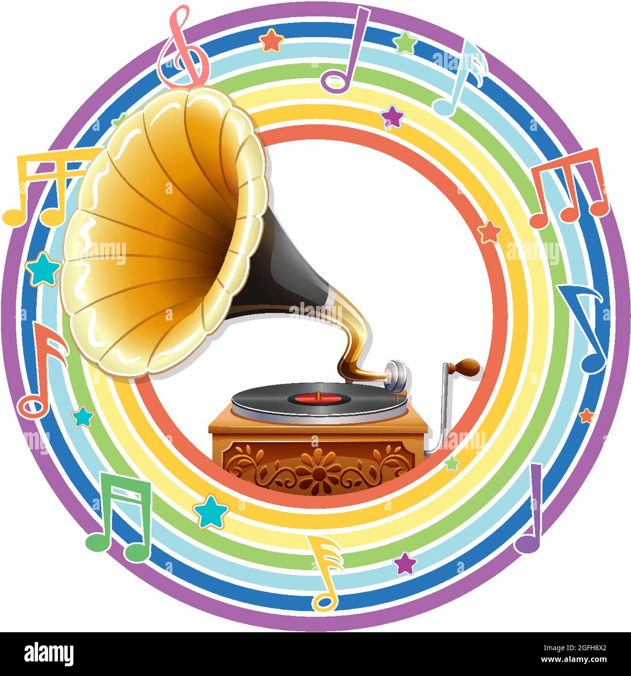 Gramophone in rainbow round frame with melody symbols illustration ...