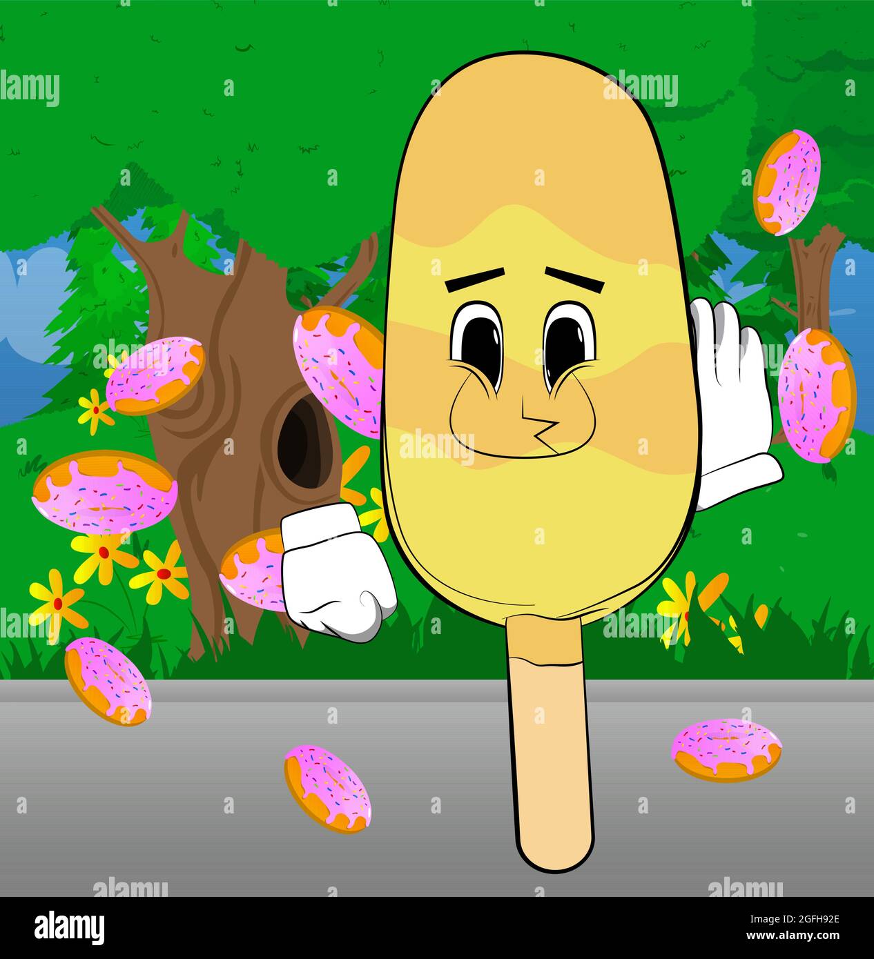 Ice Cream holds hand at his ear, listening. Summer refreshment, sweet ...