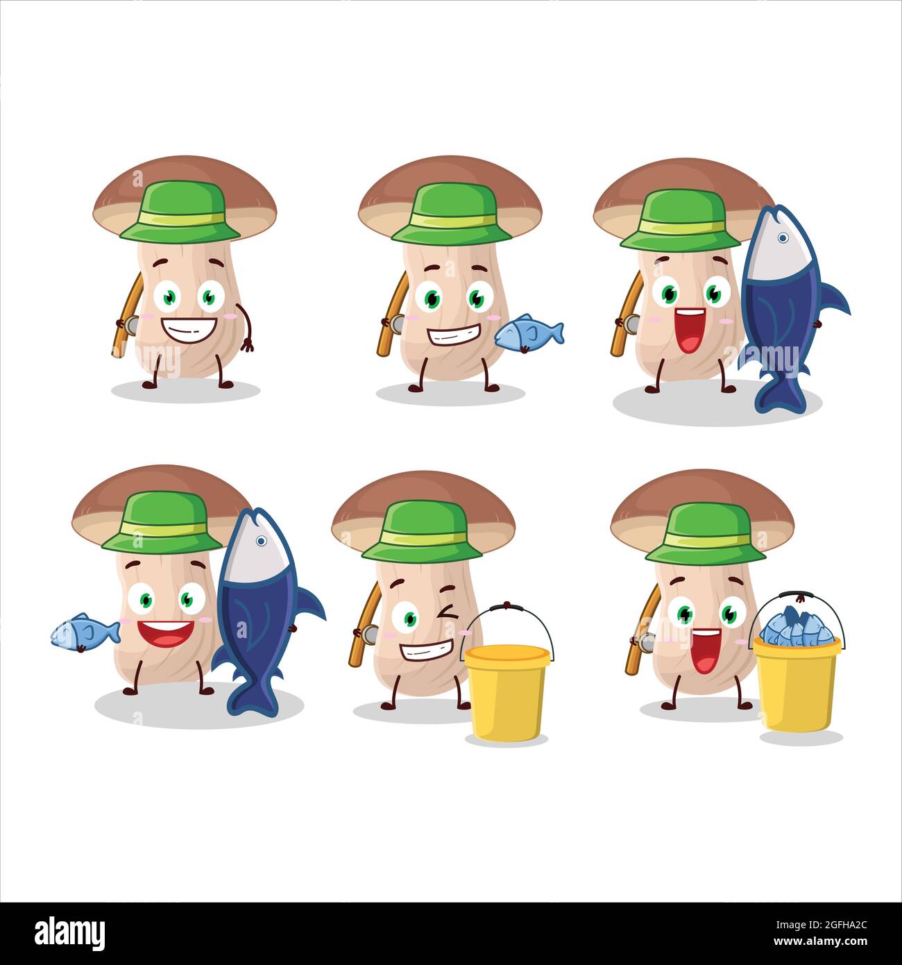 A fisherman brown cap boletus cartoon picture catch a big fish. Vector ...
