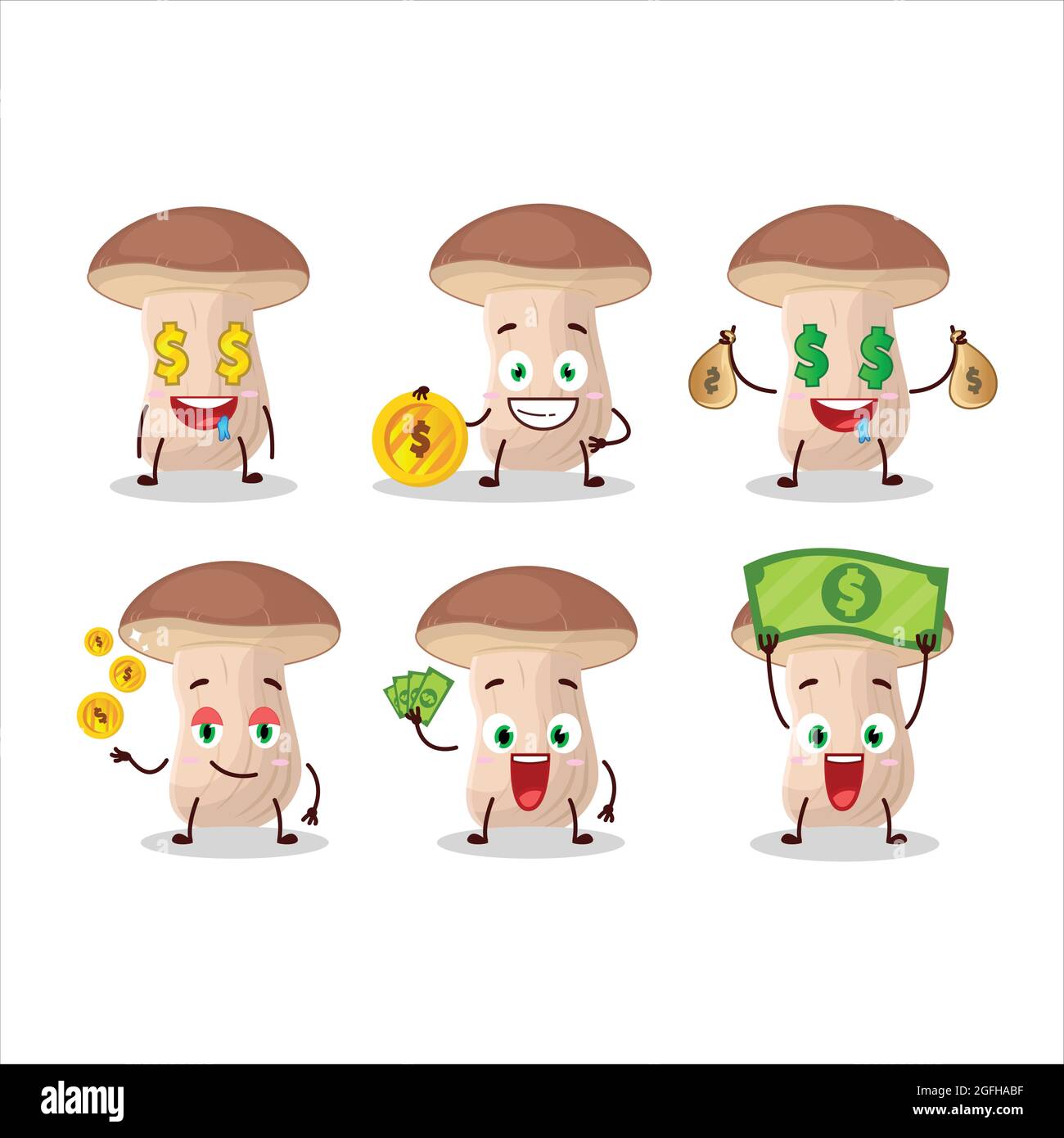 Brown cap boletus cartoon character with cute emoticon bring money ...