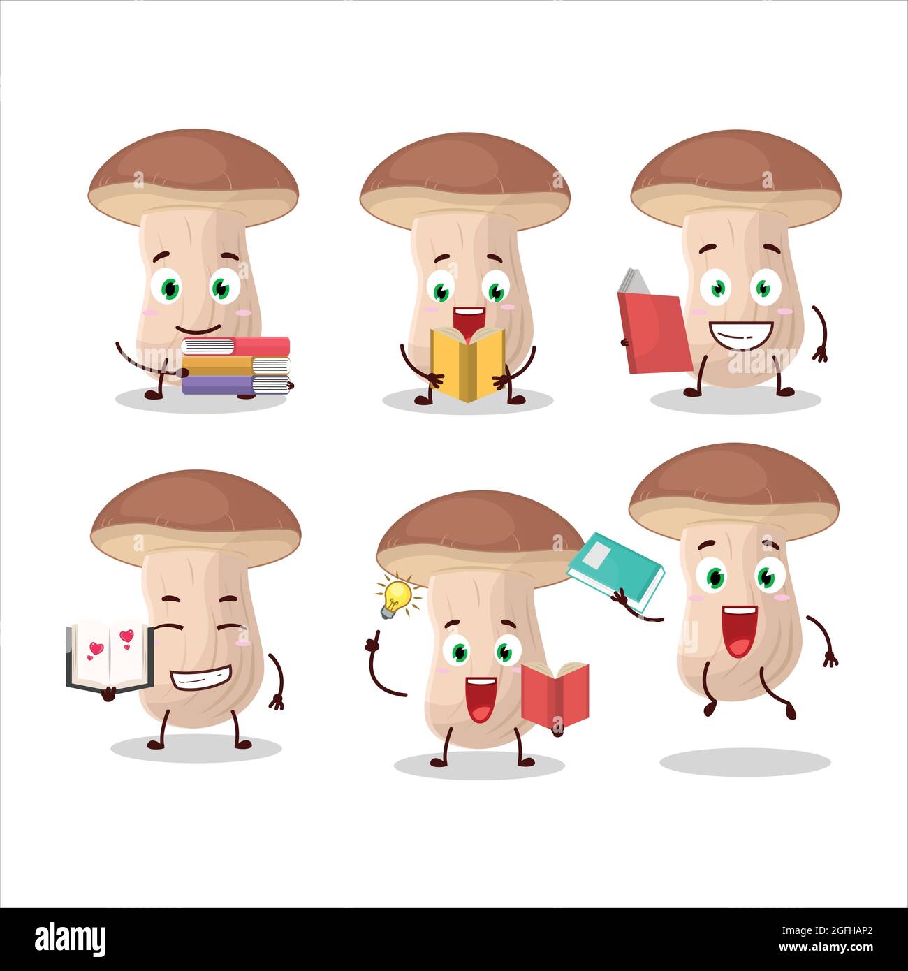 A picture of brown cap boletus cartoon character concept reading an ...