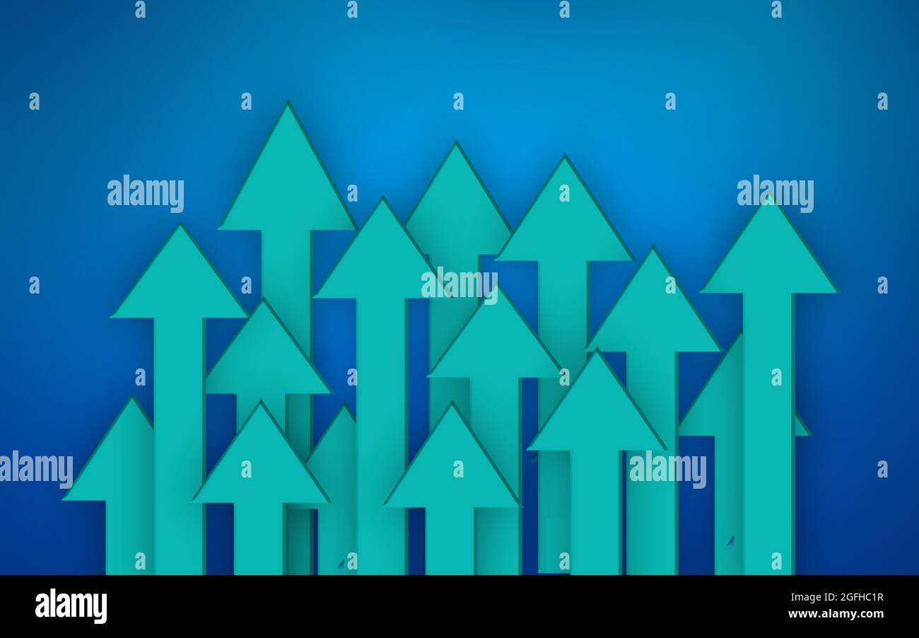 Arrows Going Up In Blue Sky background. 3D Group of blue arrow Up ward ...