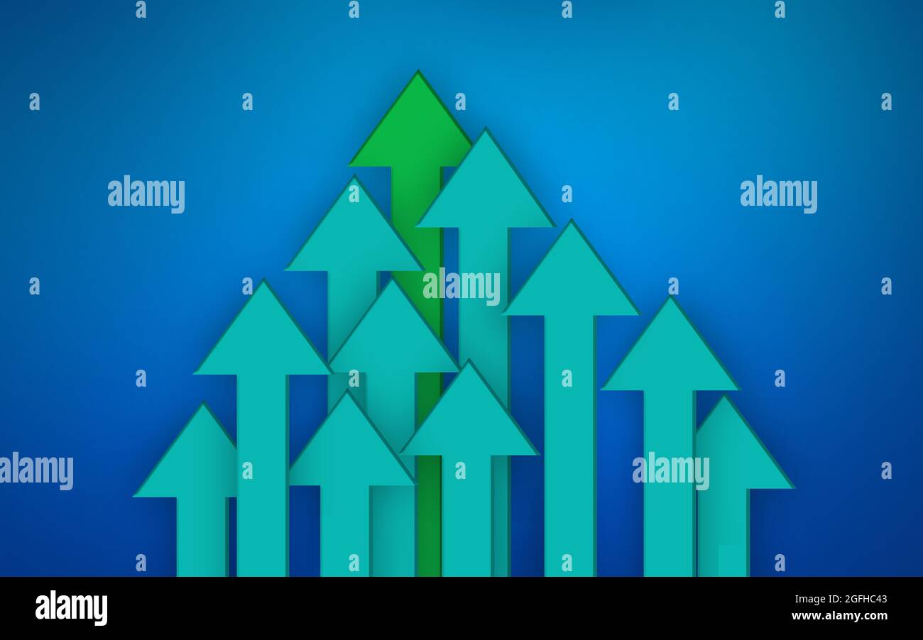 Row of arrow Going Up High With Green arrow Leader Stock Photo - Alamy