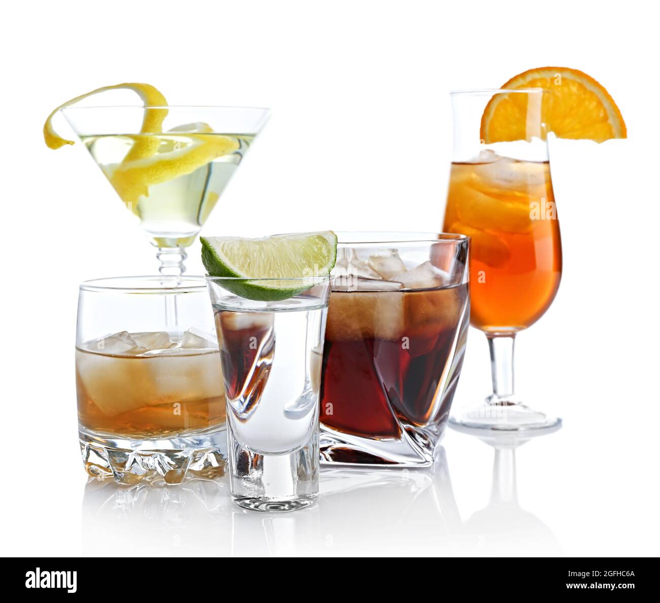 Different drinks on white background Stock Photo - Alamy