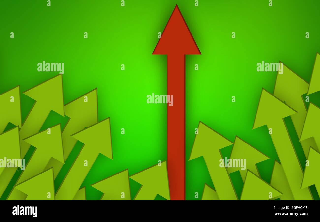 Arrow Stand up From the Crowd. red arrow Going Up Within a row of many ...
