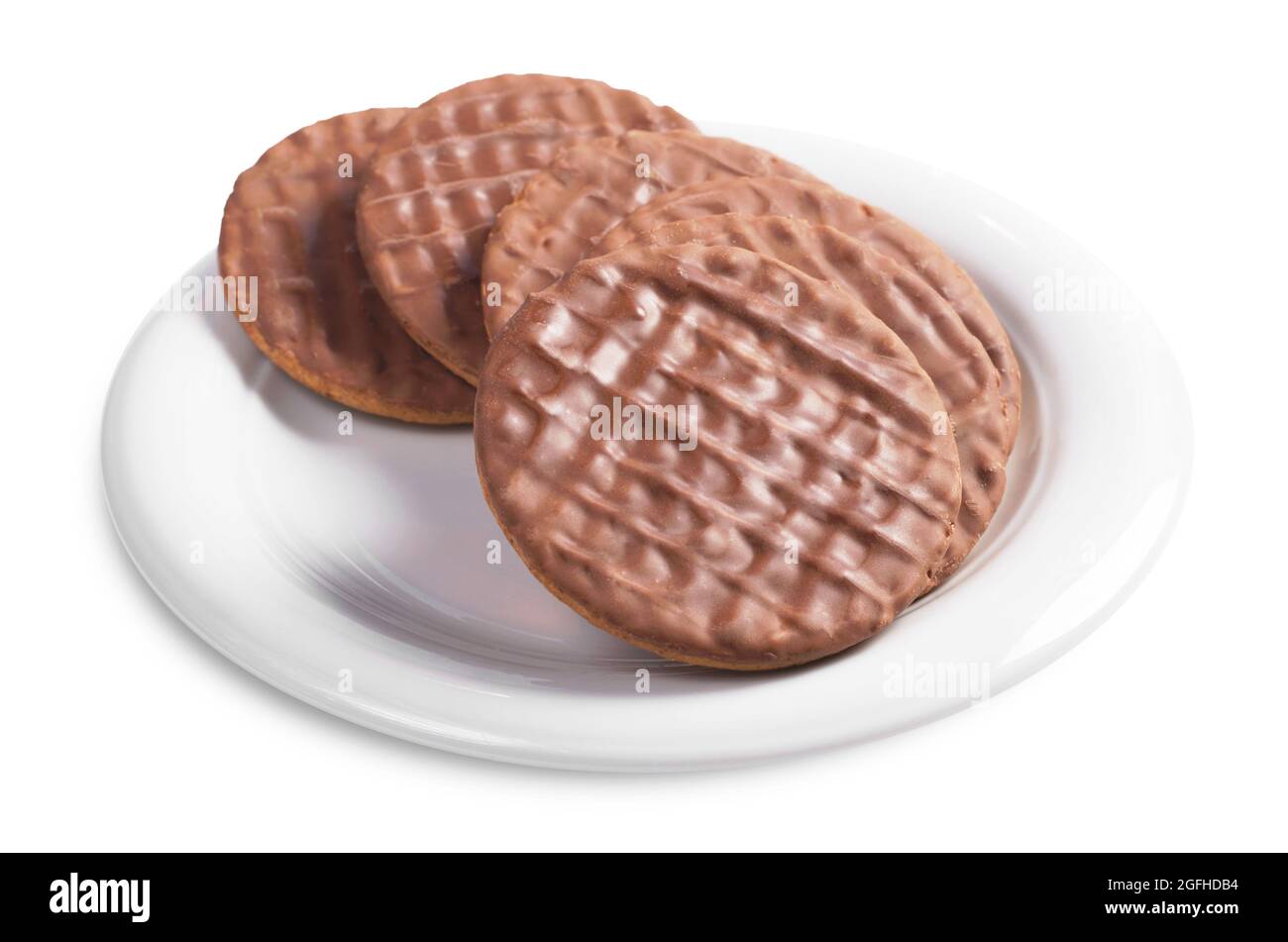Chocolate digestive biscuits in plate on white background Stock Photo ...