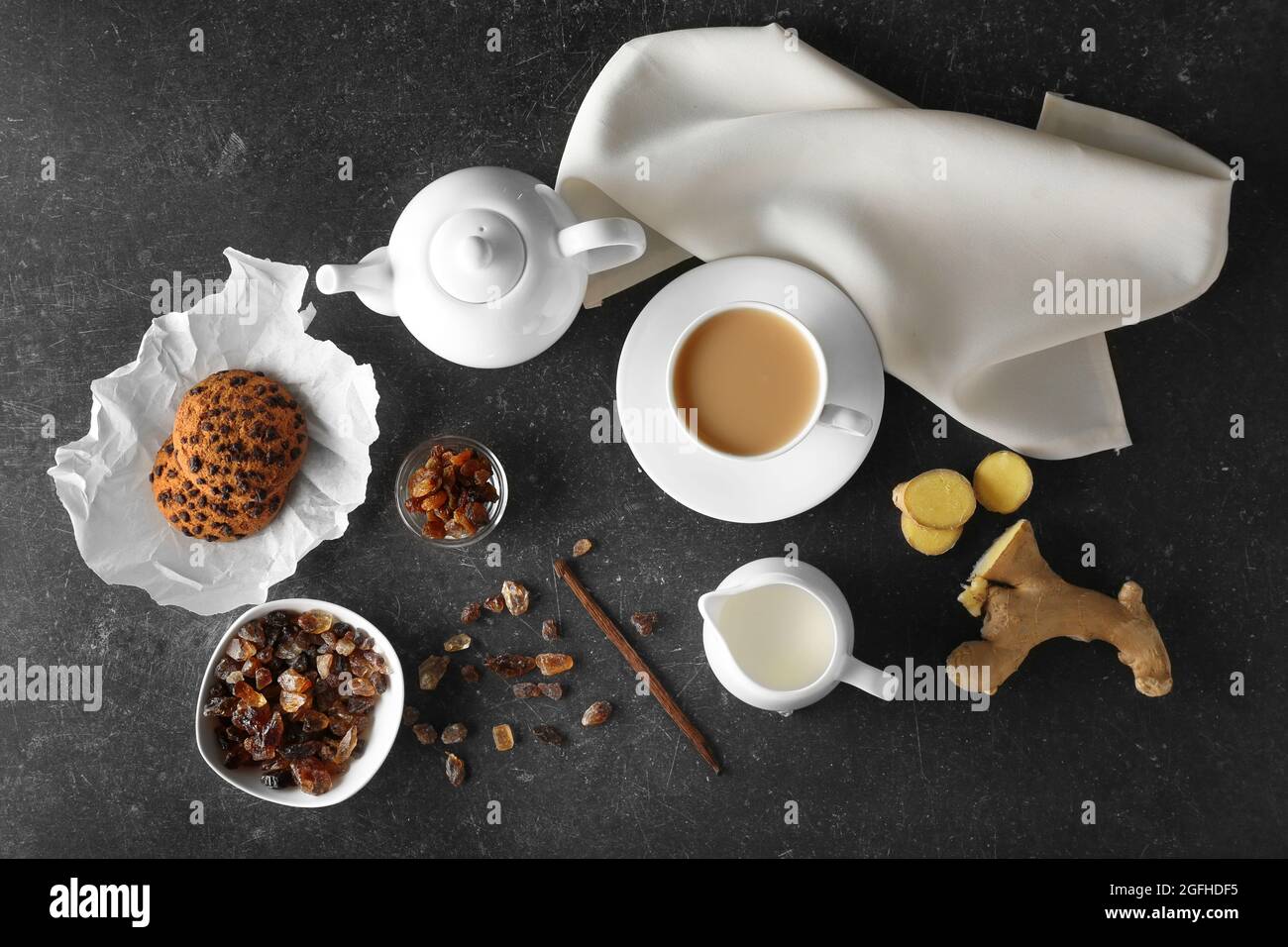 Ingredients for tea drinking on grey background, flat lay Stock Photo ...